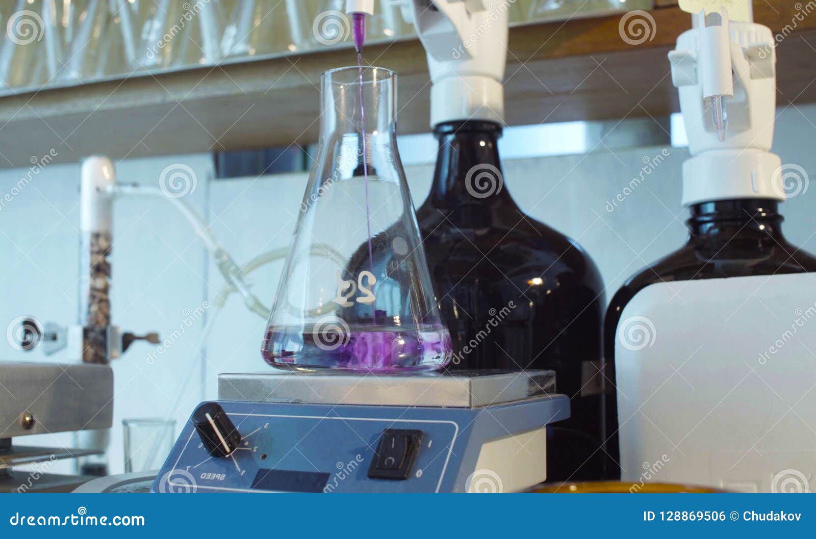 Chemical Analysis Laboratory. Flask Standing on the Magnetic Stirrer ...