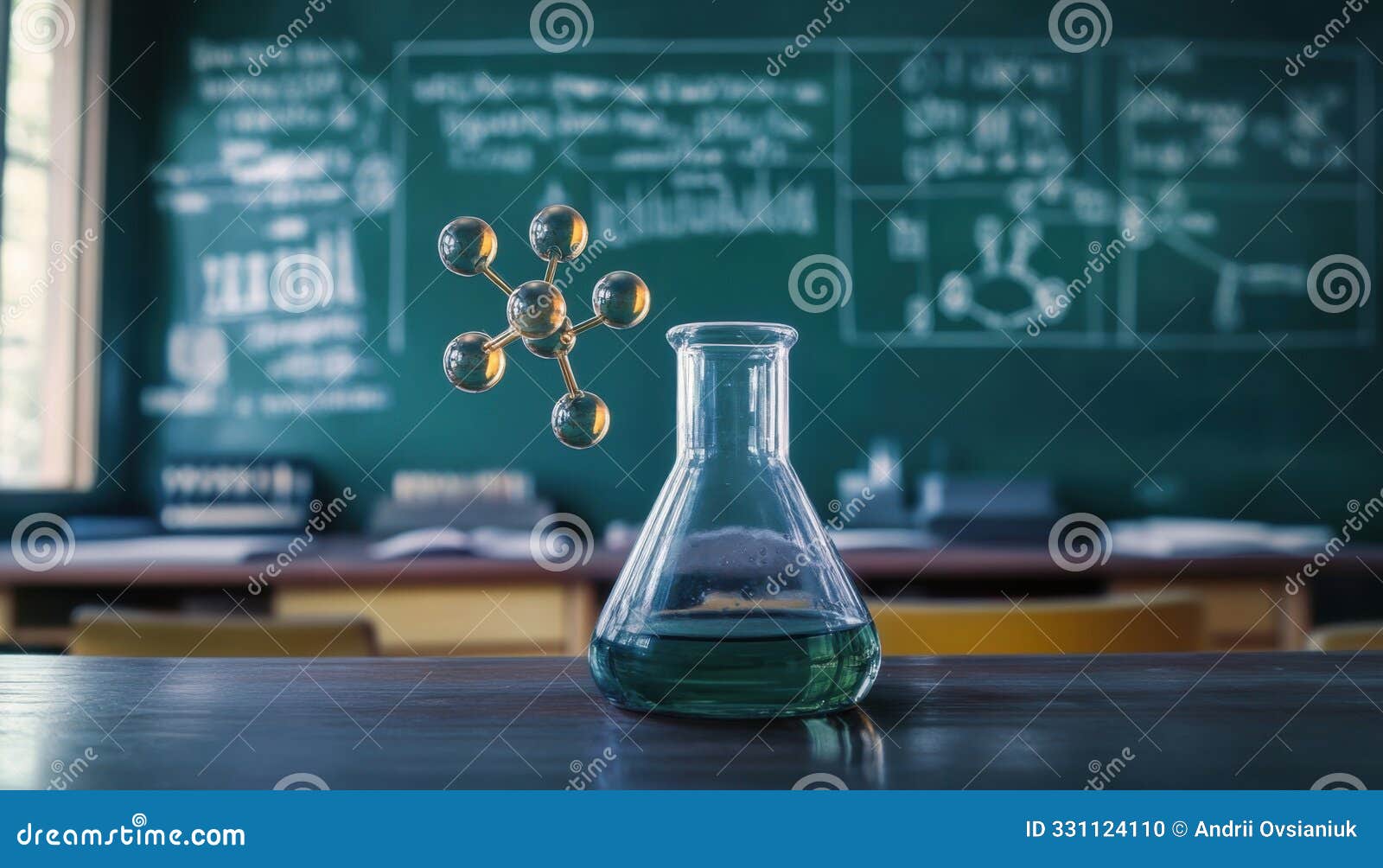 Chemical Experiment in a Classroom with a Model Molecule Floating Above ...