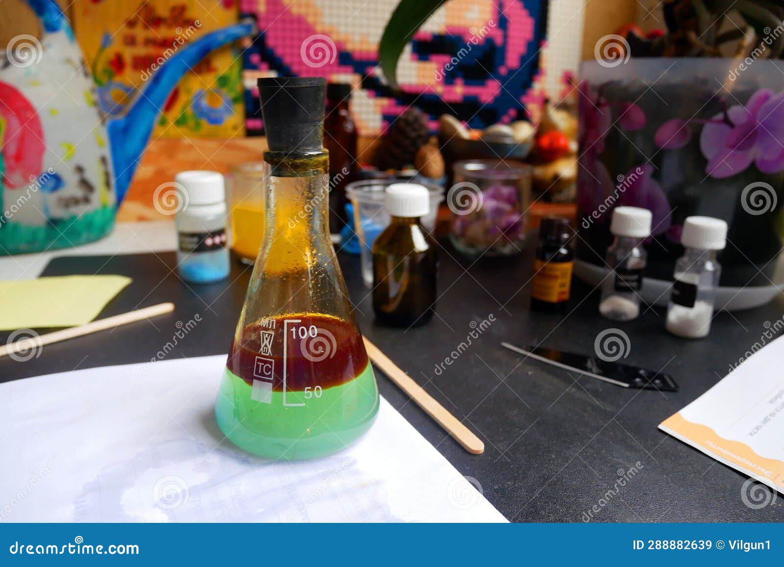 Chemical Flask Close-up. Conducting Chemical Experiments at Home. Stock ...