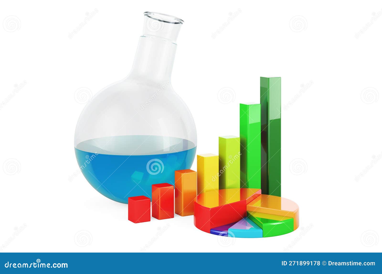 Chemical Flask with Growth Bar Graph and Pie Chart. 3D Rendering Stock ...