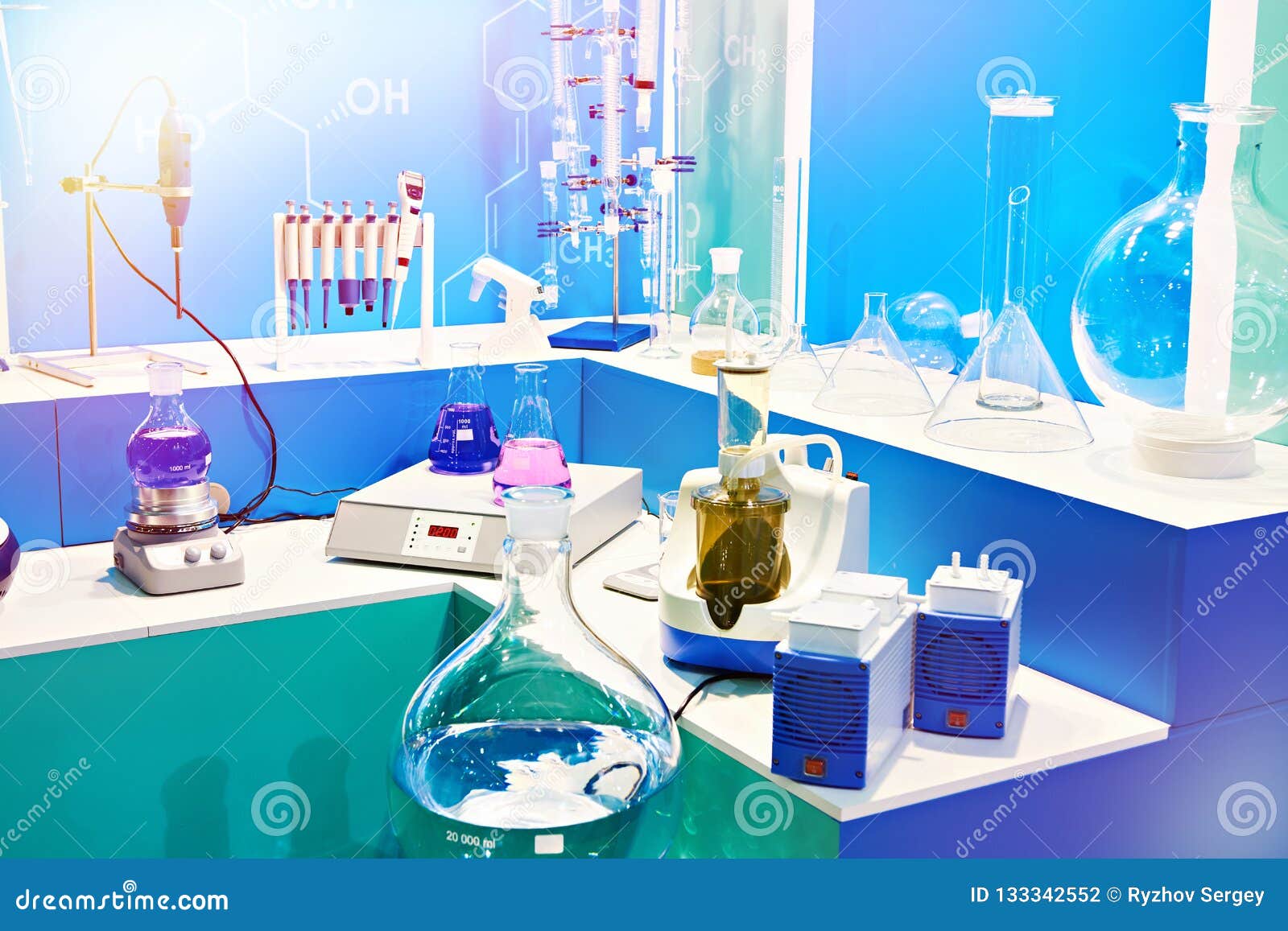 Chemical Flasks with Liquids and Equipment Lab Stock Photo - Image of ...