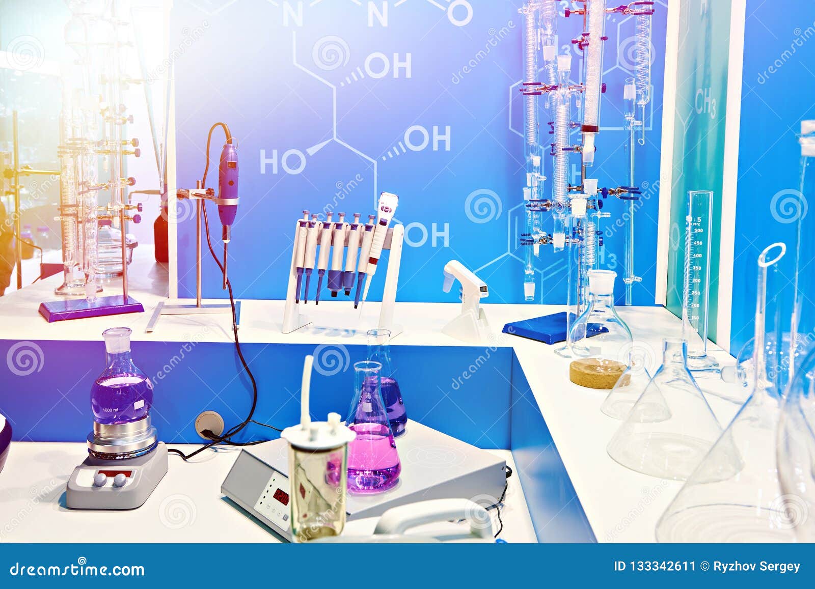Chemical Flasks with Liquids and Equipment Lab Stock Image - Image of ...