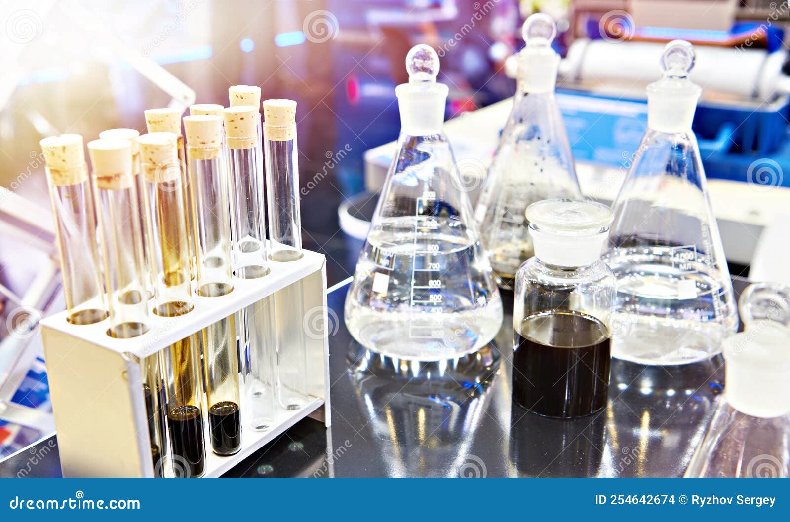 Chemical Flasks and Test Tubes Stock Photo - Image of table, biology ...