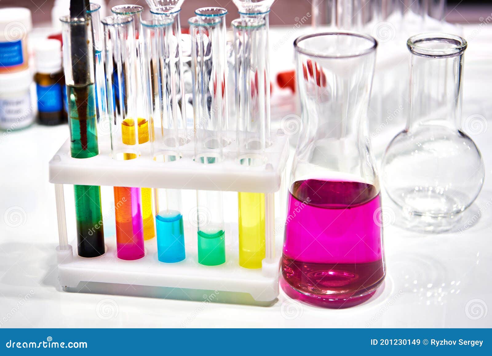 Chemical Flasks and Test Tubes with Solutions Stock Image - Image of ...