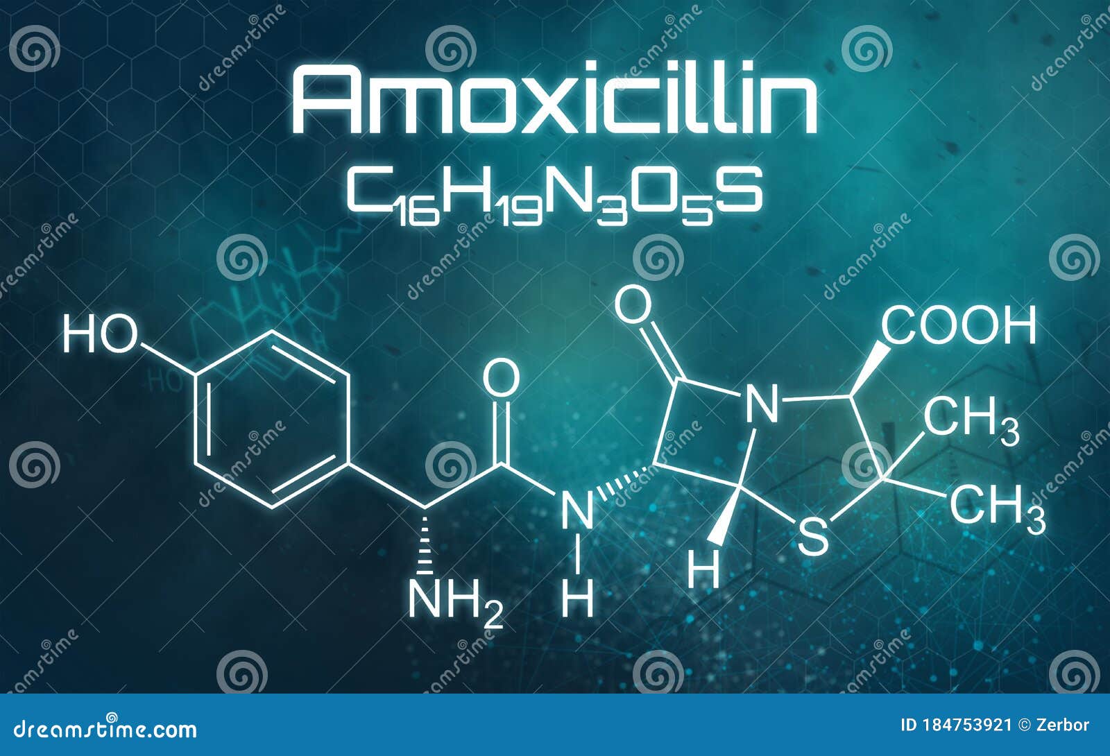 Chemical Formula of Amoxicillin on a Futuristic Background Stock ...