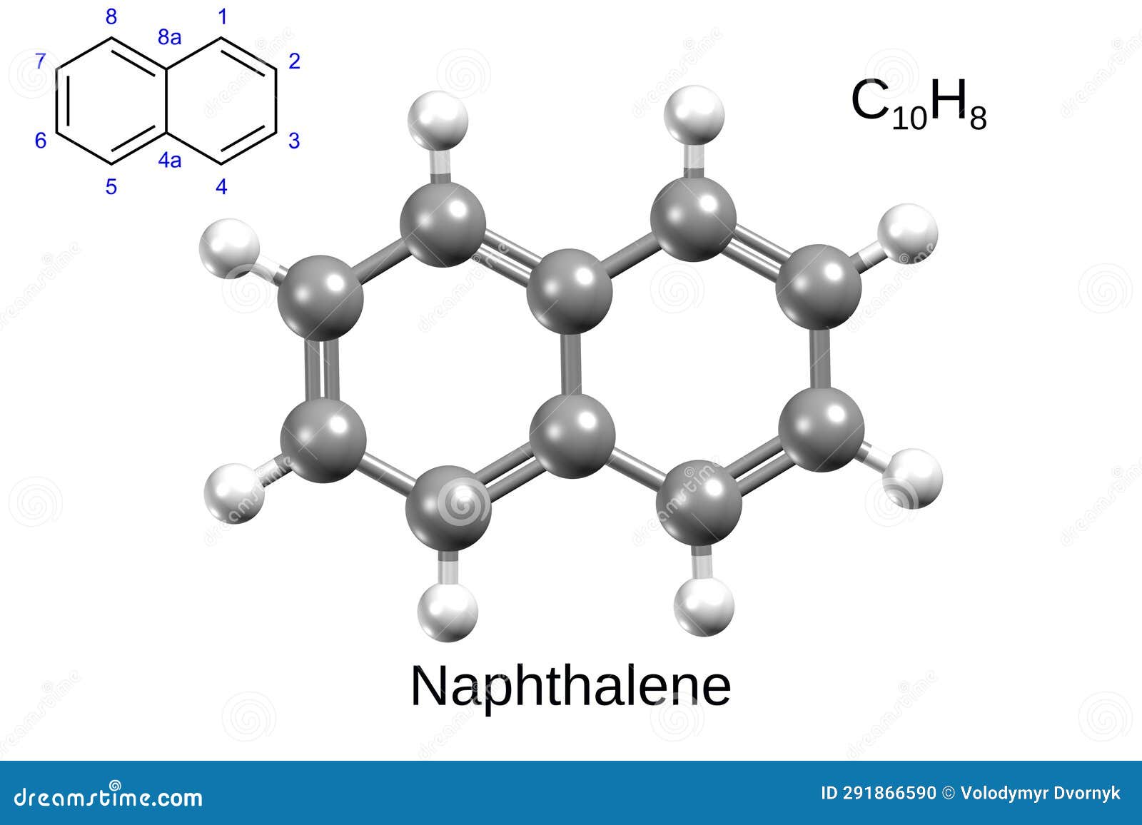 Chemical Formula, Structural Formula and 3D Ball-and-stick Model of Naphthalene, White ...