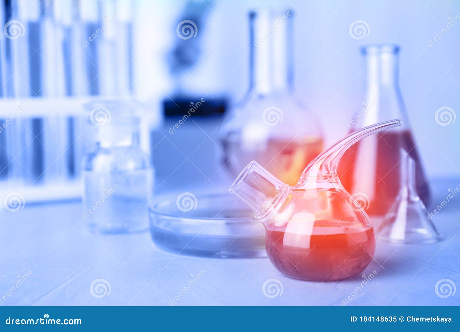Chemical Glassware with Samples on Table. Laboratory Analysis Stock ...