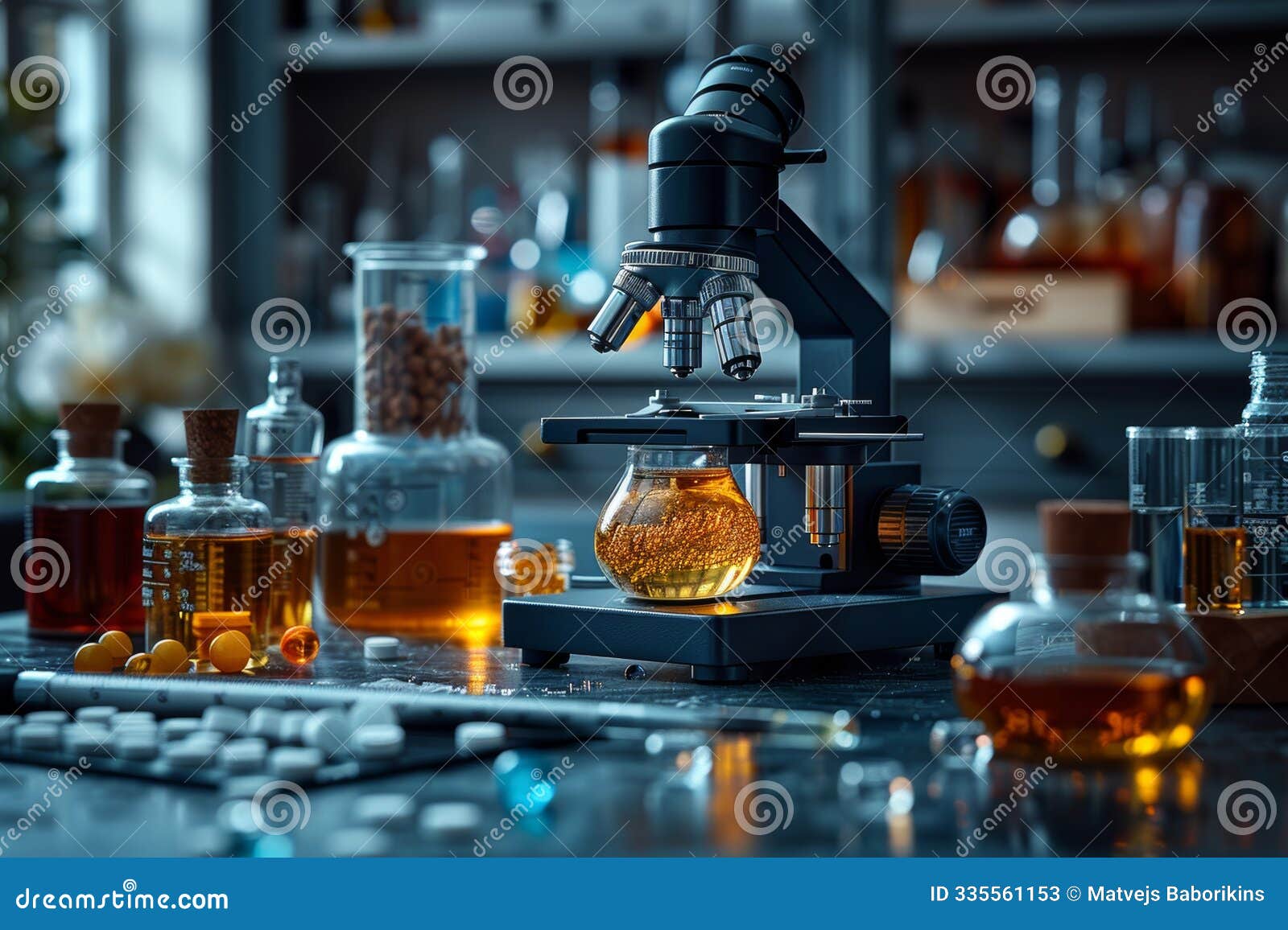 Chemical Laboratory Setup Microscope and Flasks for Organic Chemistry ...