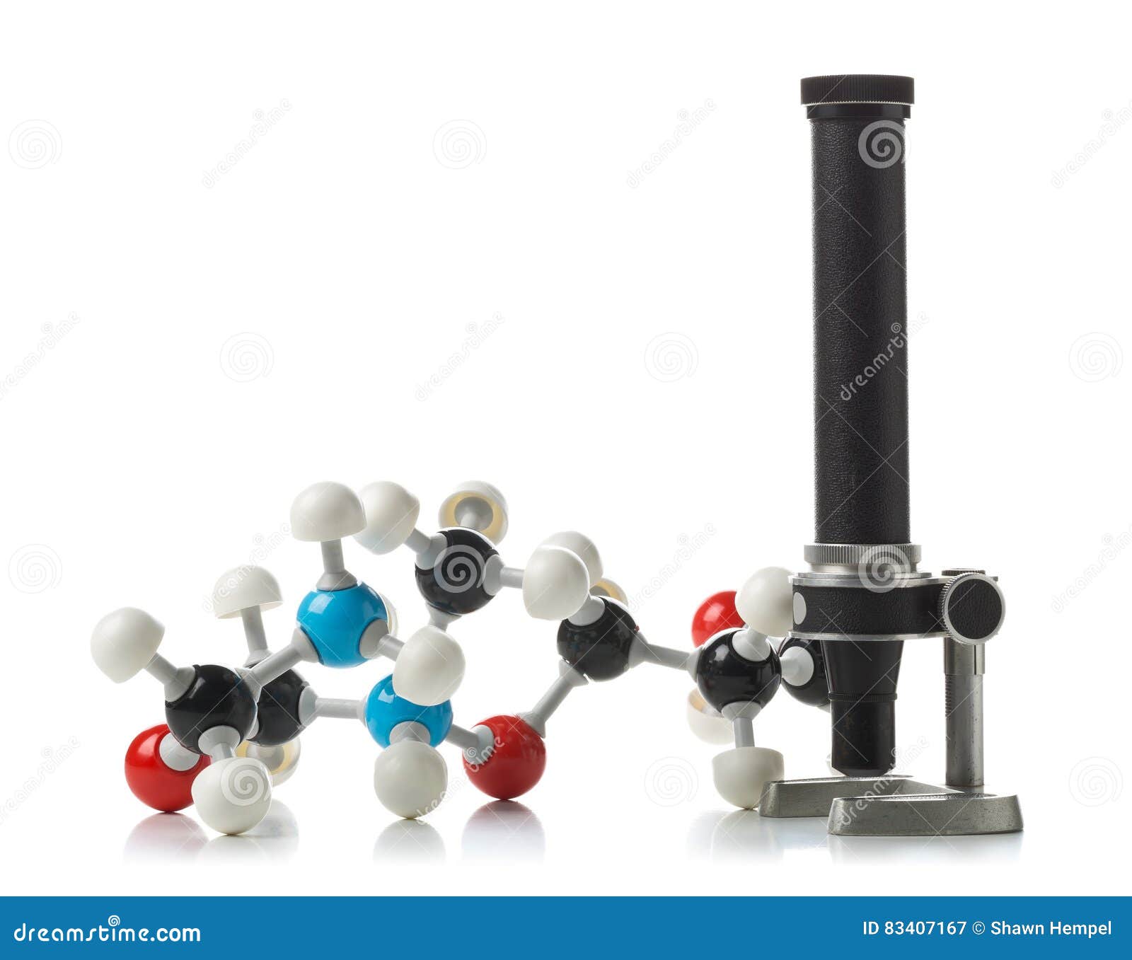 Chemical Molecule Model with Old Microscope Over White Background Stock ...