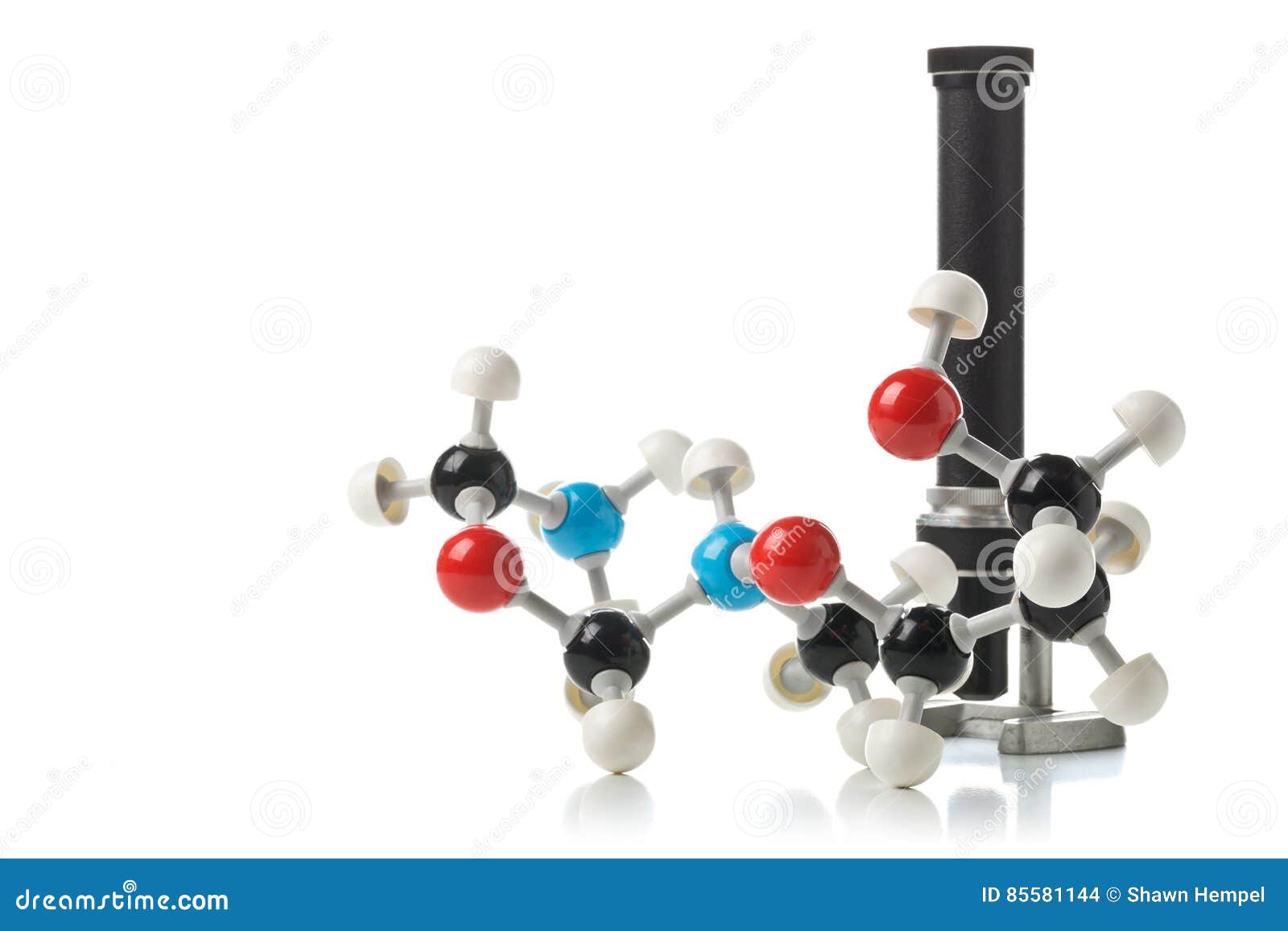 Chemical Molecule Model with Old Microscope Over White Background Stock ...