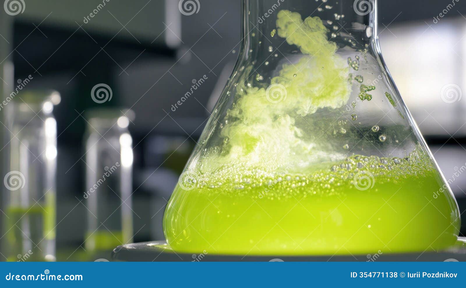 Chemical Reaction Creating Bubbles in Erlenmeyer Flask in Laboratory ...