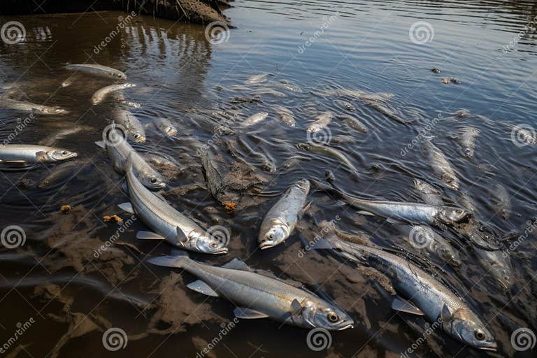 Chemical Spill in River, with Dead Fish Floating on the Surface Stock ...