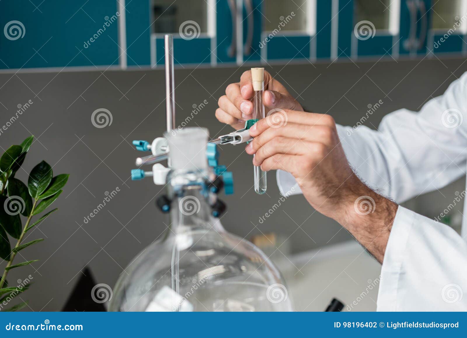 Chemist Making Experiment with Test Tubes and Flasks in Chemical Lab ...