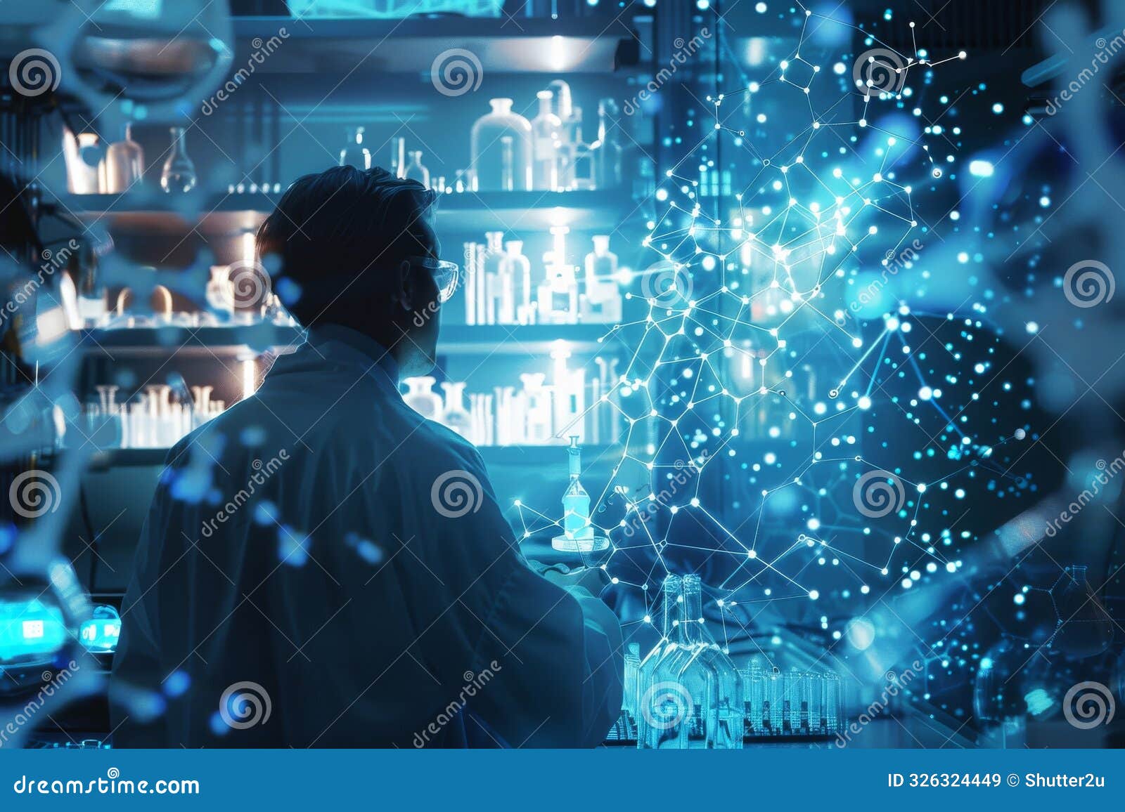 Chemist with Molecular Structures Blending into a Hightech ...