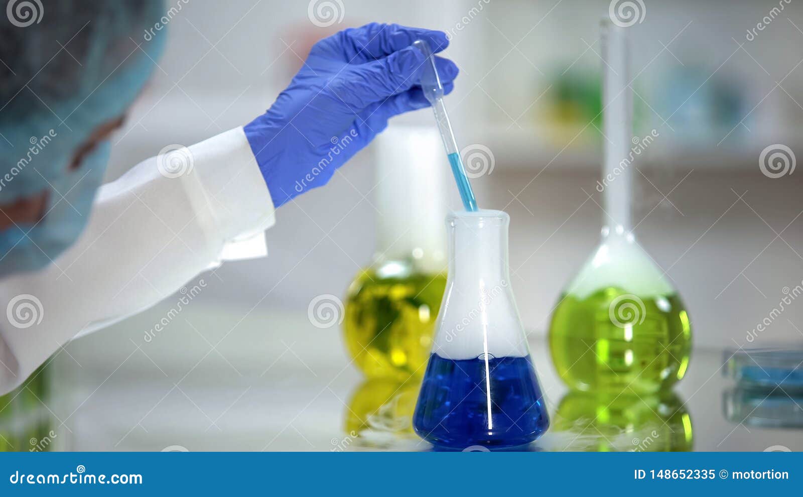 Chemist Taking Blue Substance Sample from Flask, Washing Agent Analysis ...