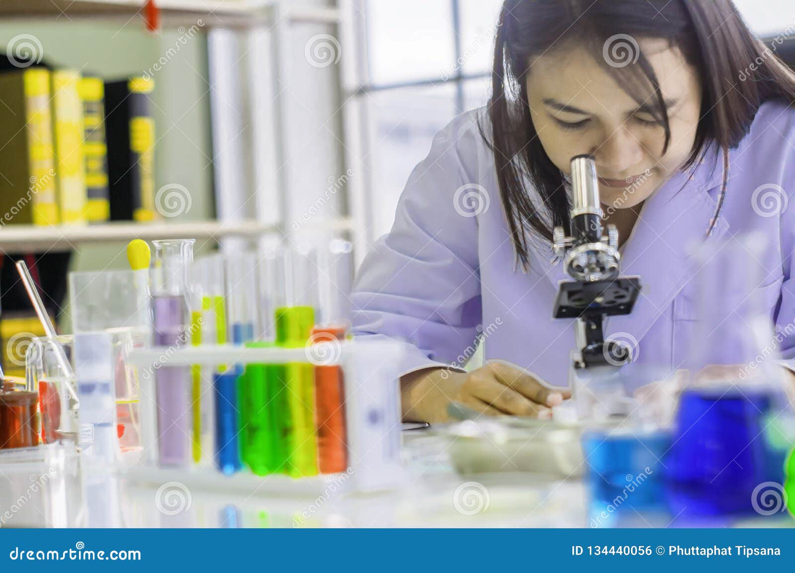 Chemist Woman Using Microscope, Chemical Testing in Lab, Concept for ...