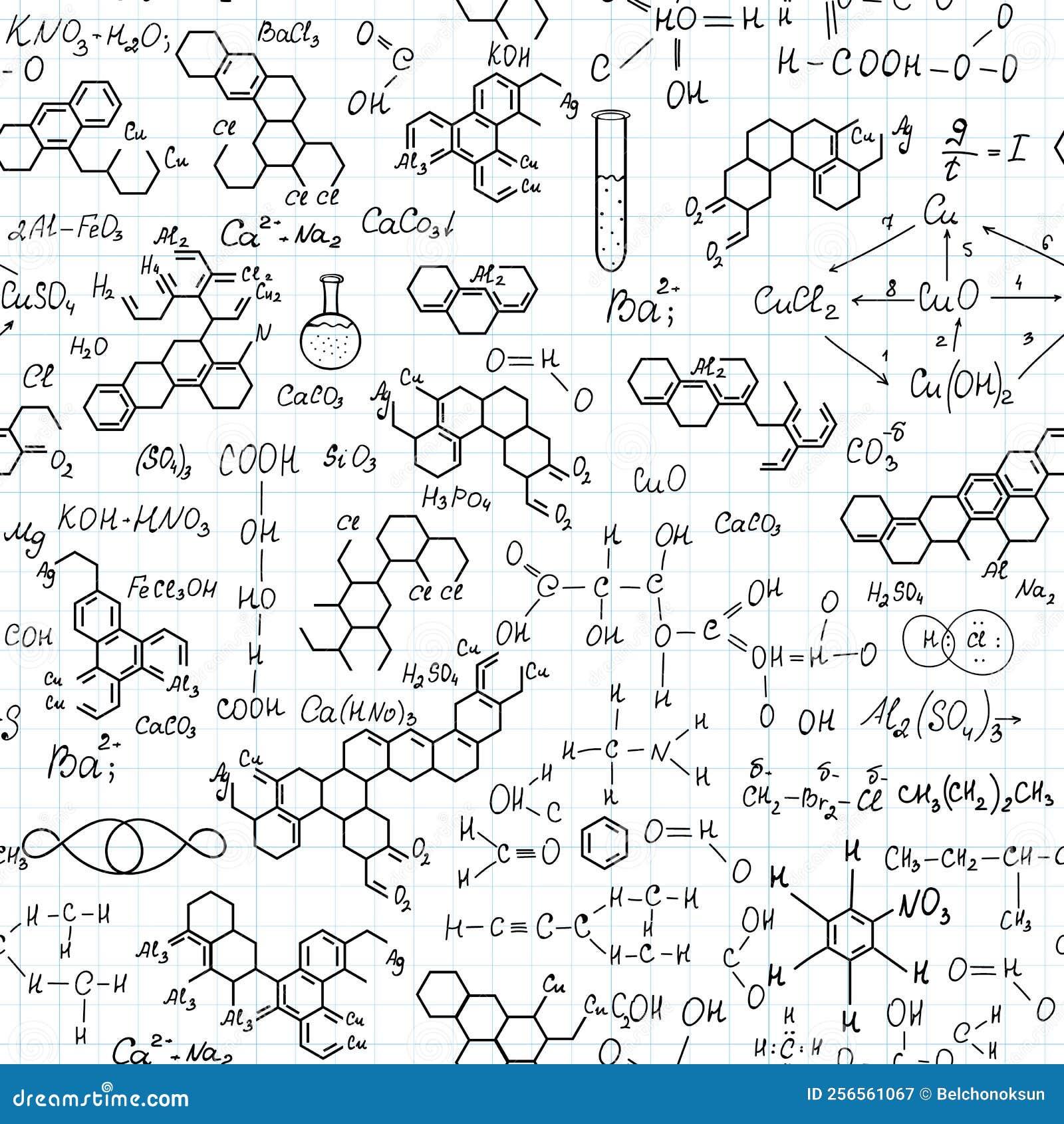 Chemistry Educational Vector Seamless Pattern with Handwritten Chemical ...
