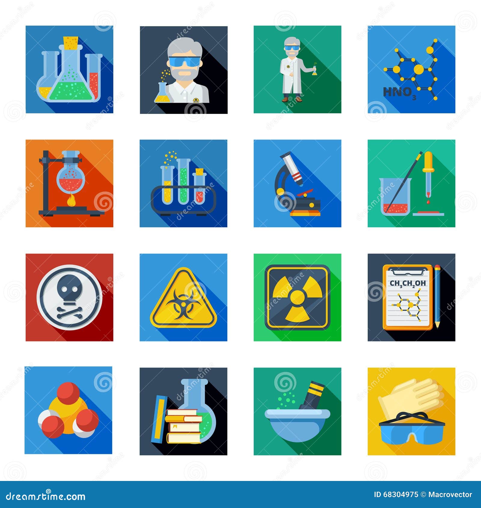 Chemistry Flat Icons Set in Colorful Squares Stock Vector ...