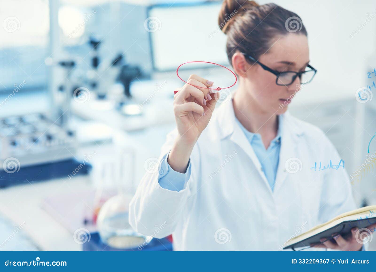 Chemistry, Formula or Scientist in Lab with Notebook for Science ...