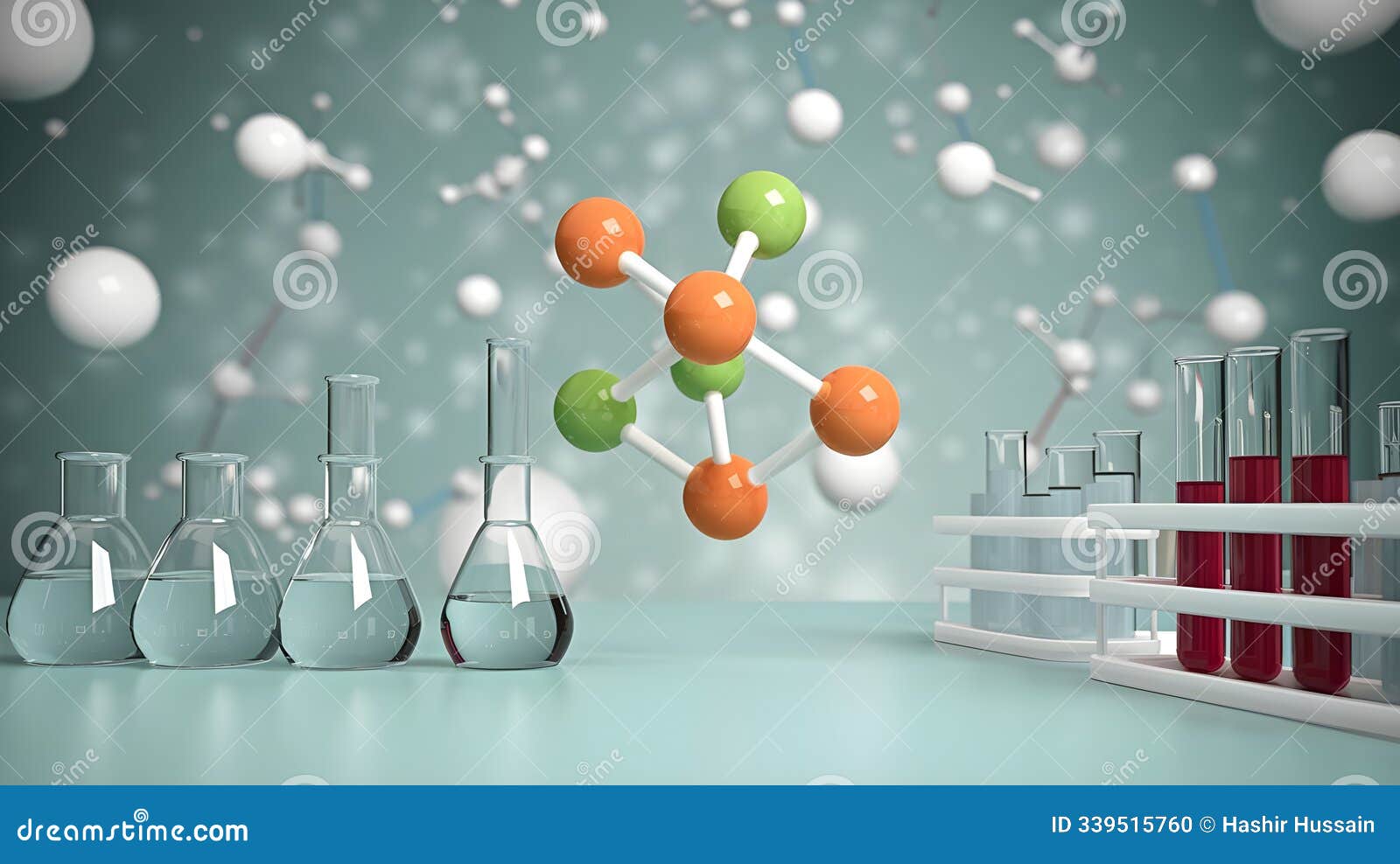 Chemistry Lab Experiment with Beaker Flasks and Molecule Model Stock ...