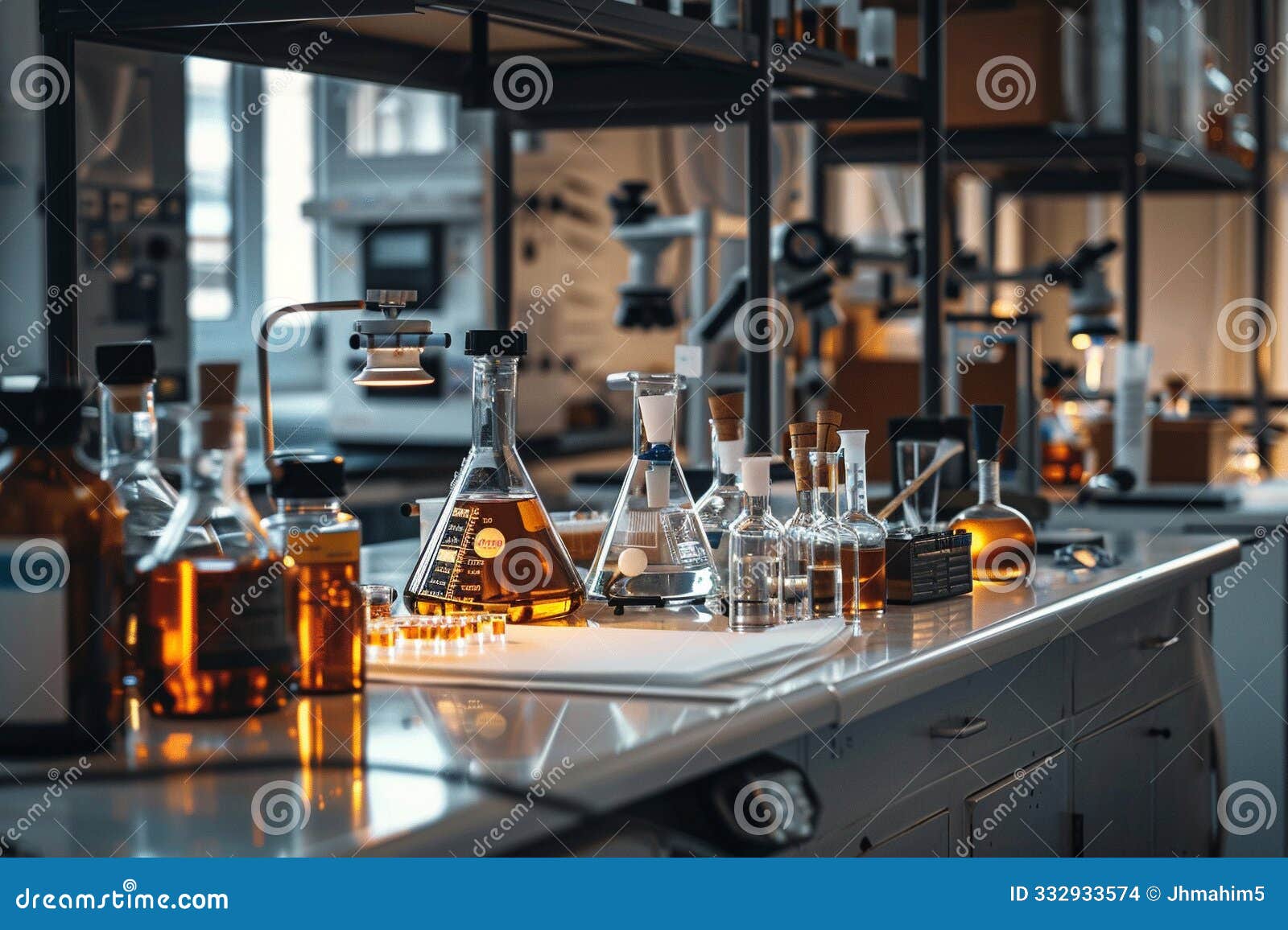 Chemistry Lab Flasks on a Lab Bench Stock Illustration - Illustration ...