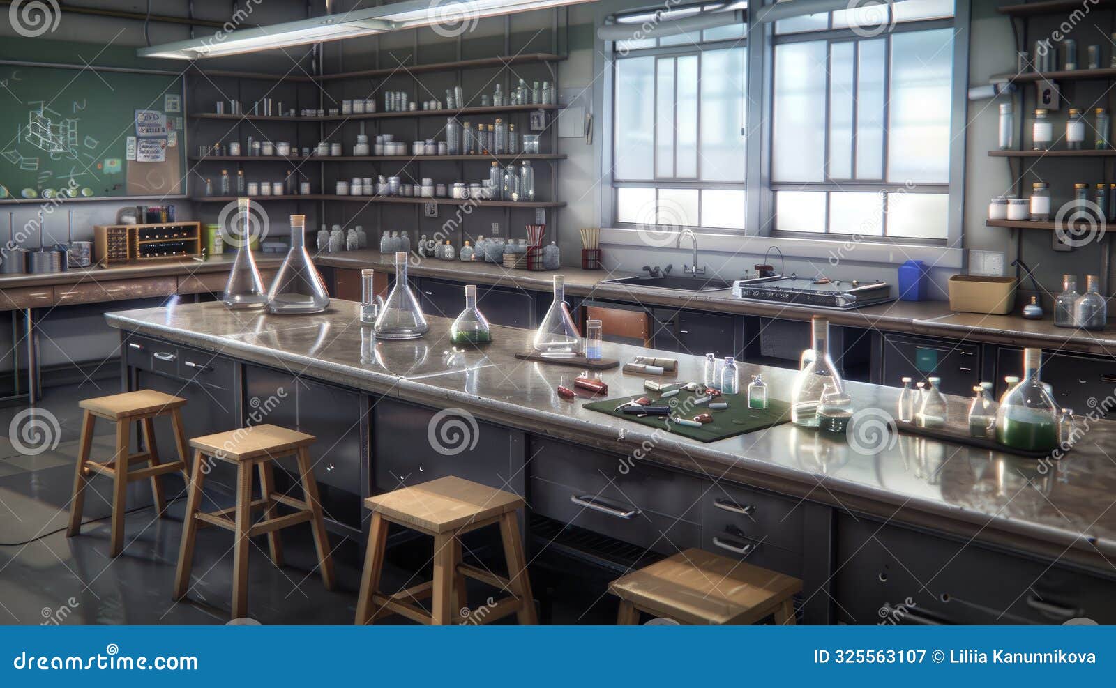 A Chemistry Lab with a Large Countertop, Stools, and Glass Beakers ...