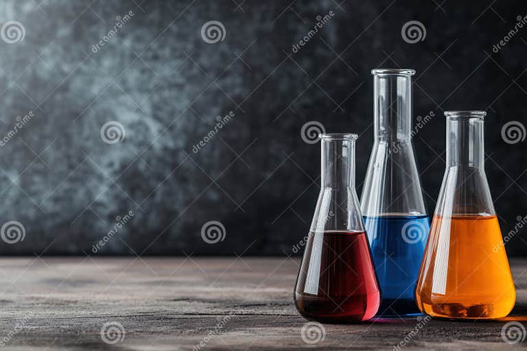 Chemistry Lab Setup, Different Colored Chemical Solutions in Flasks and ...