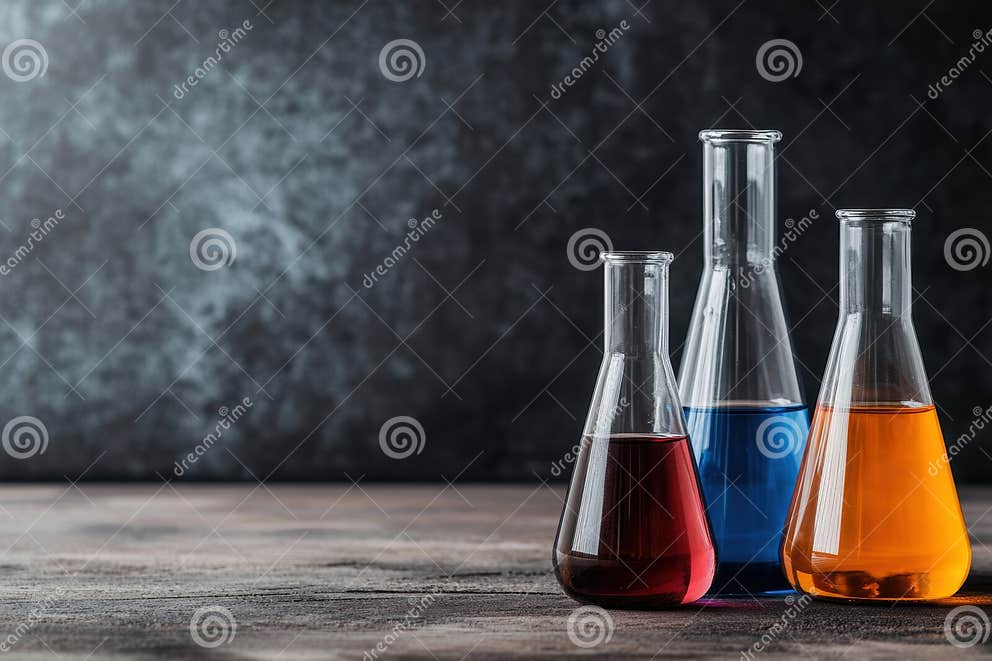 Chemistry Lab Setup, Different Colored Chemical Solutions in Flasks and ...