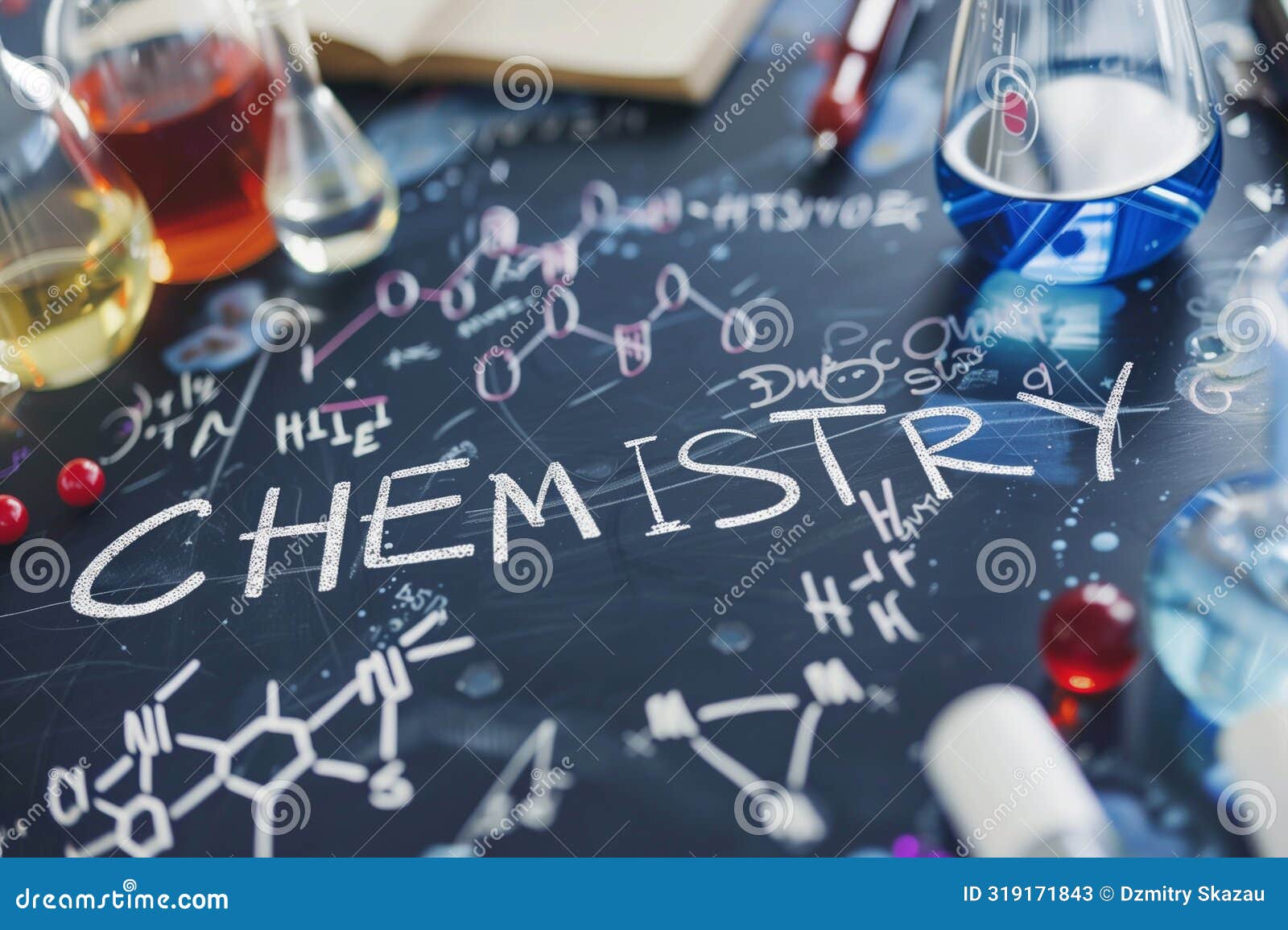 Chemistry Lab Table with Equations and Glassware on a Chalkboard ...