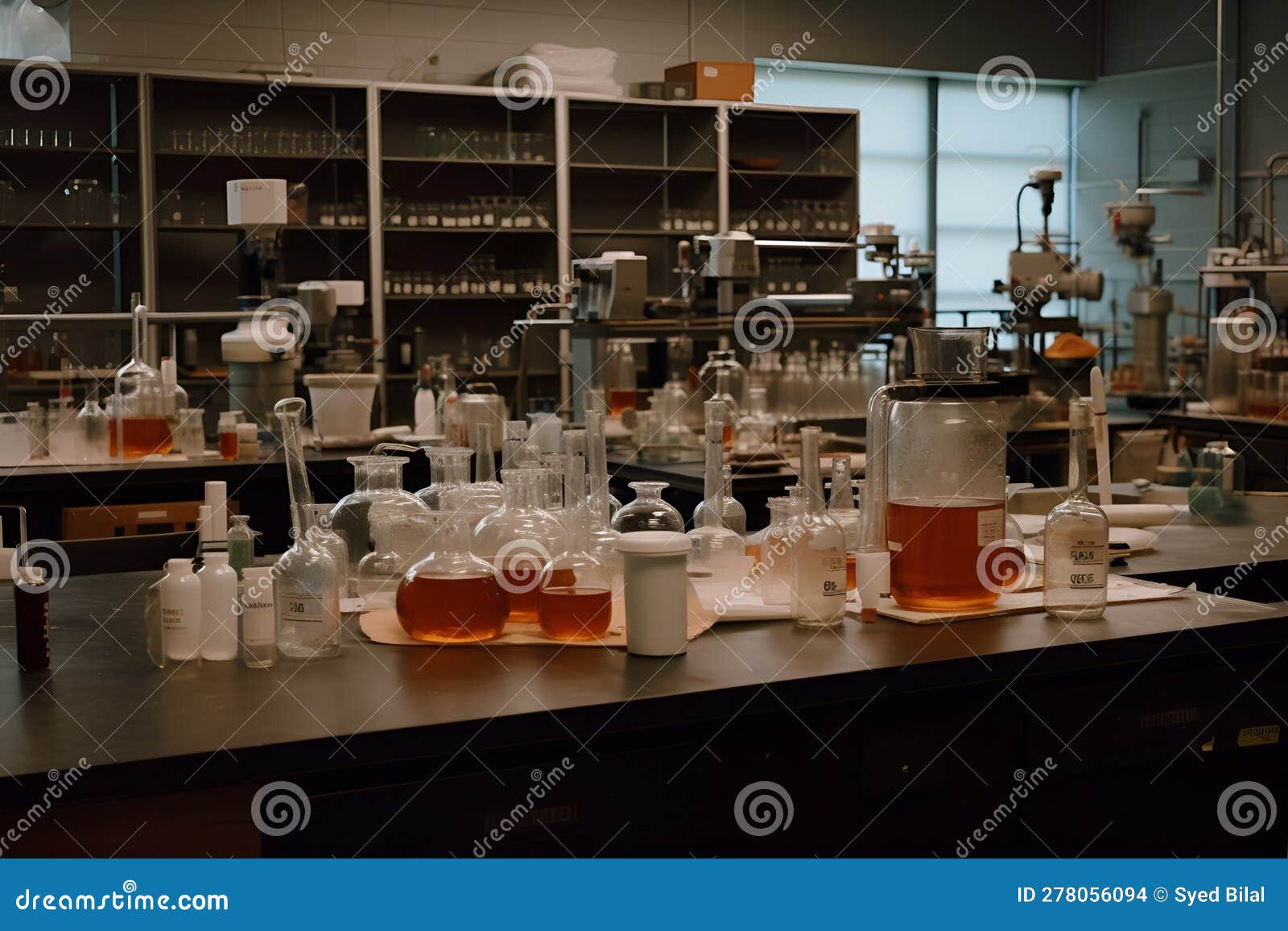 A Chemistry Lab With Various Equipment, Such As Test Tubes, Flasks, And ...