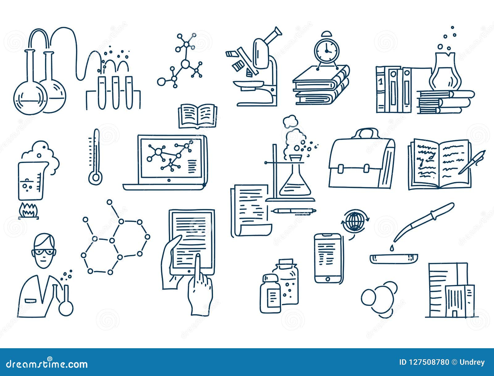 Chemistry Lab Work Science Equipment. Hand Drawn Formulas Science ...