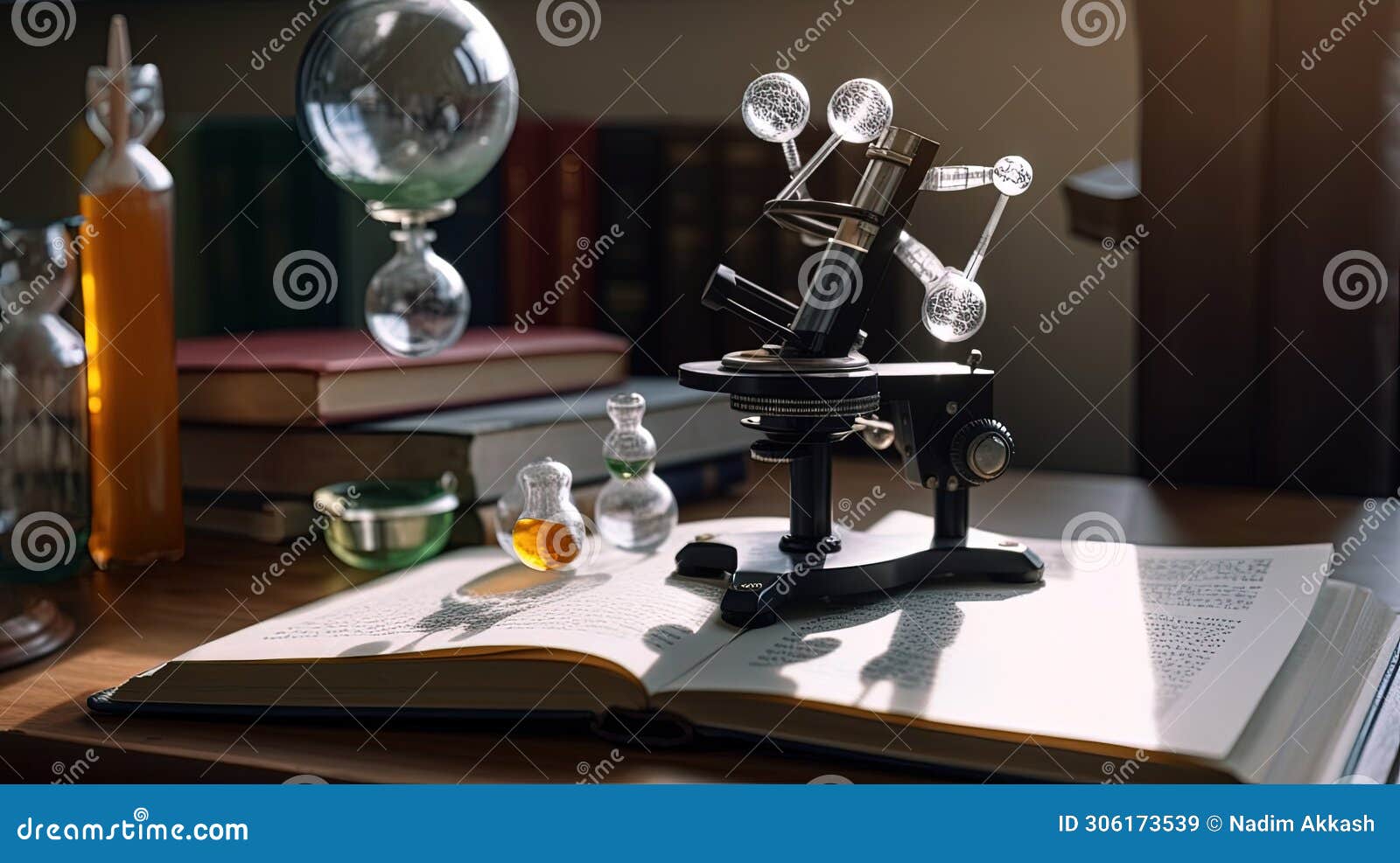 Chemistry .Laboratory Equipment Microscope with Flasks, Vials an Stock ...