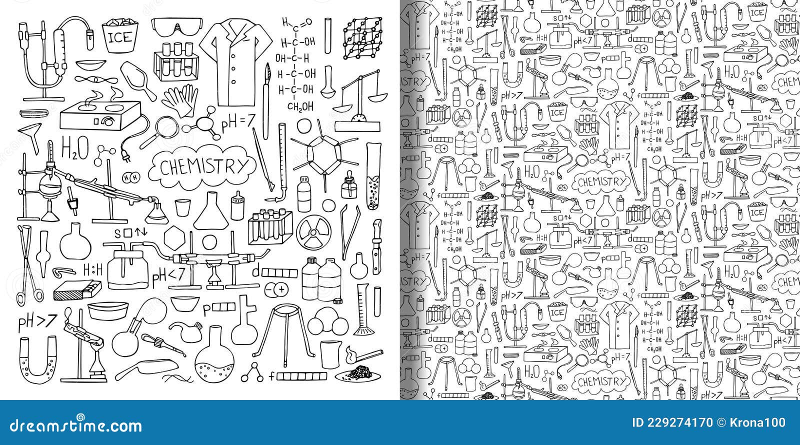 Chemistry Objects Hand Drawn Doodle Set and Seamless Pattern Stock ...