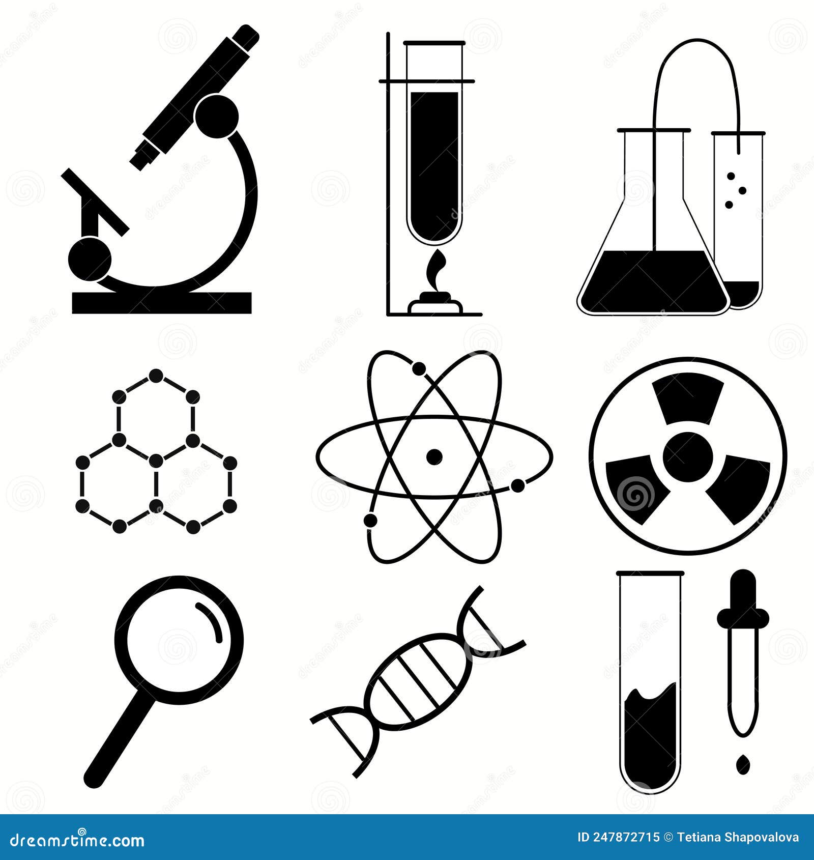 Chemistry and Science Black Vector Icon Set. Test Tubes, Microscope ...