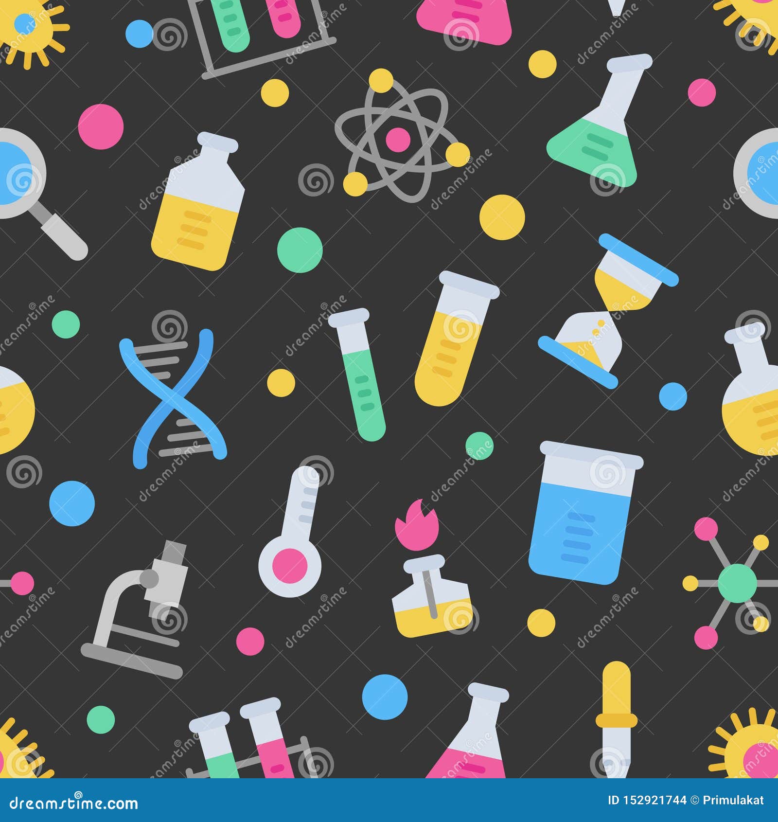 Chemistry Science Laboratory Colorful Vector Seamless Pattern on Dark ...