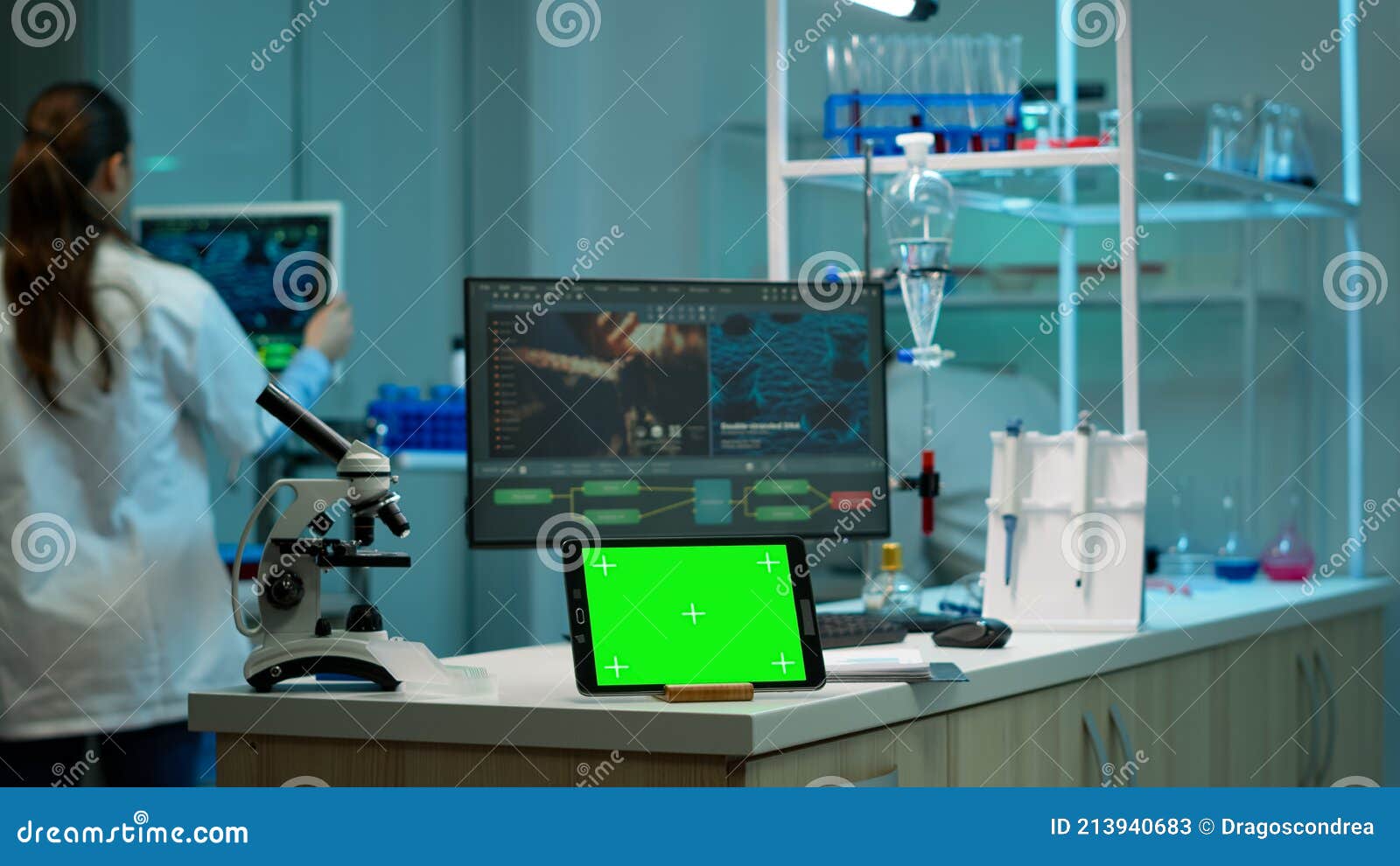 Chemists Testing Virus Evolution with Green Screen Tablet in Front on ...