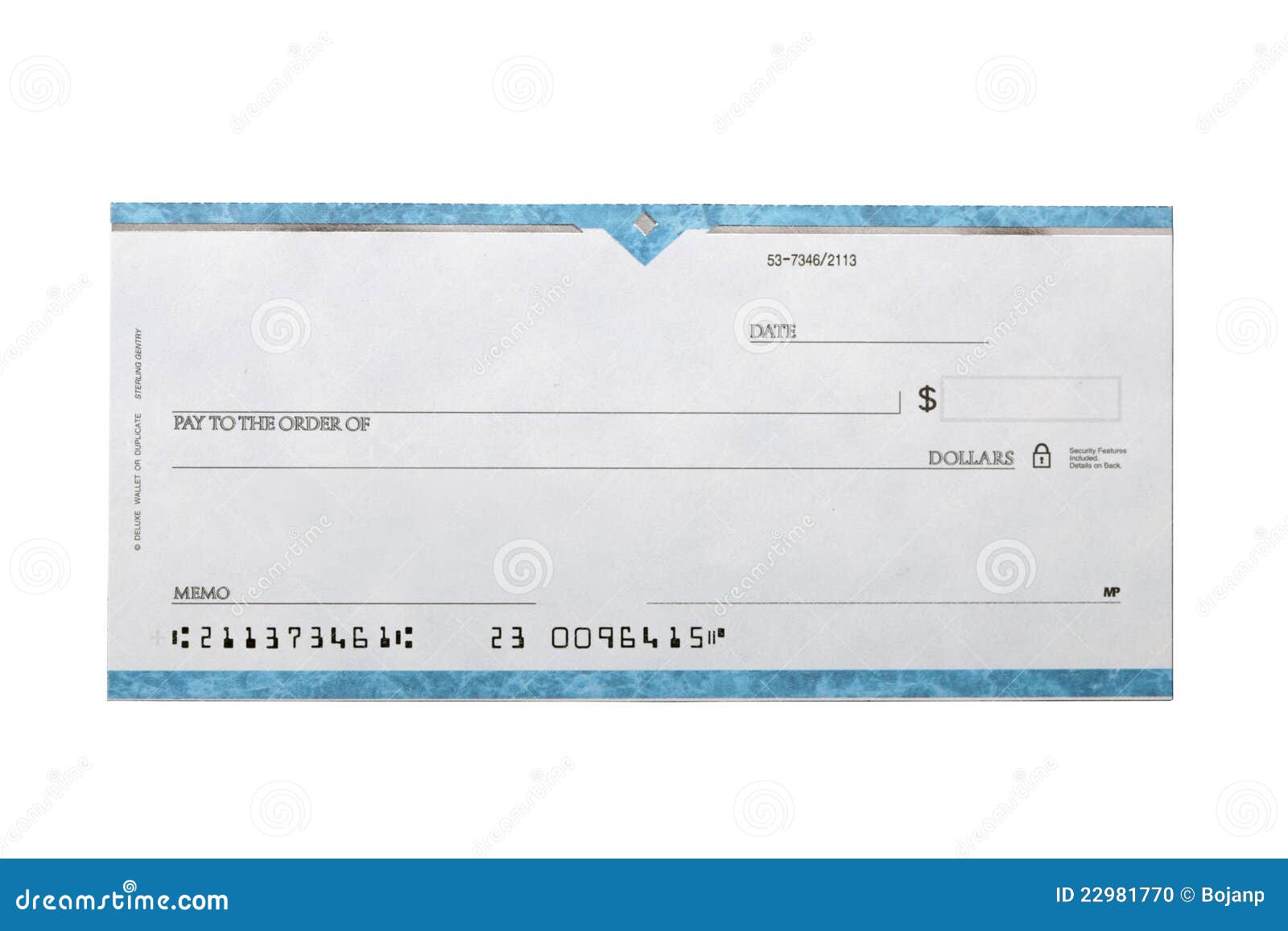 Cheque foto de stock. Imagem de moeda, azul, original - 22981770