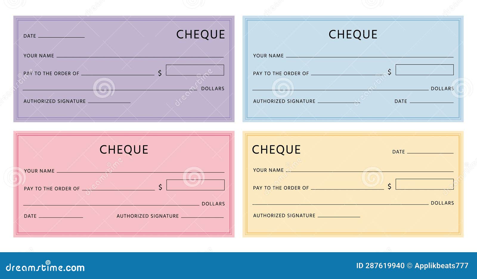 Cheque Template. Blank Checkbook Pages Mockups With Empty Fields. Bank ...