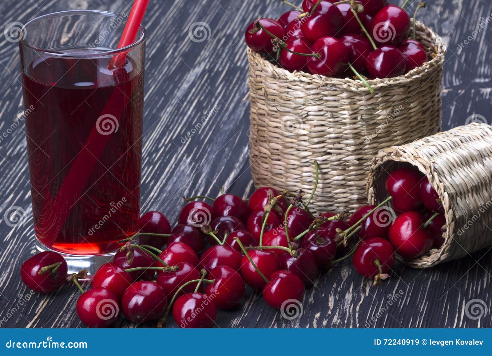 Cherry Baskets And Juice On Wooden Background Stock Image Image Of