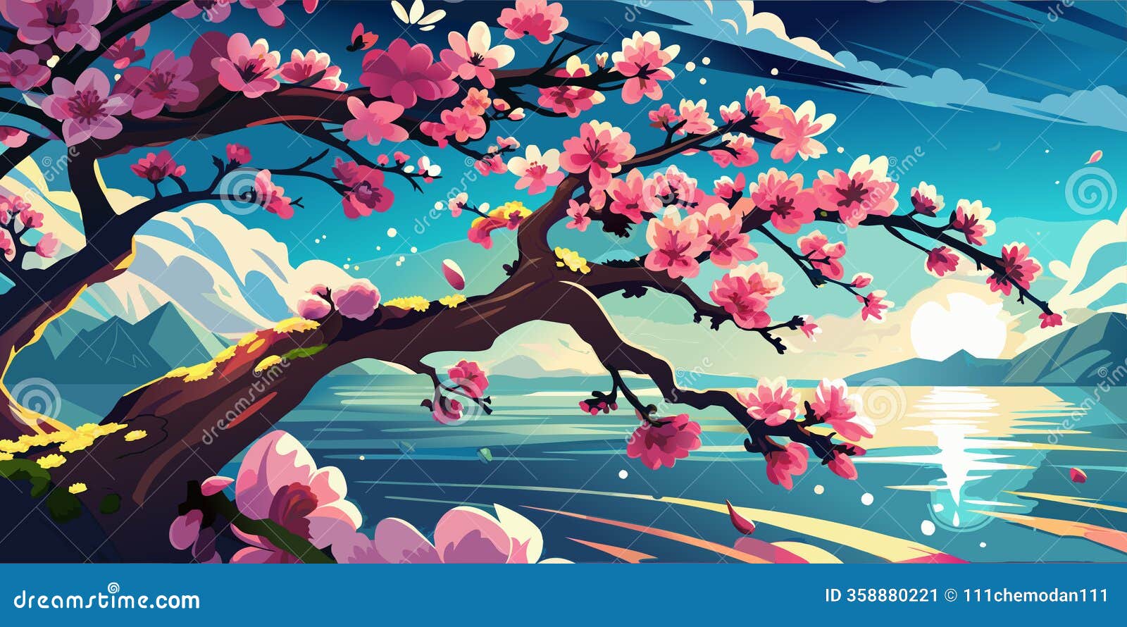 Cherry Blossom Branches Overhanging a Tranquil Lake with Mountains ...