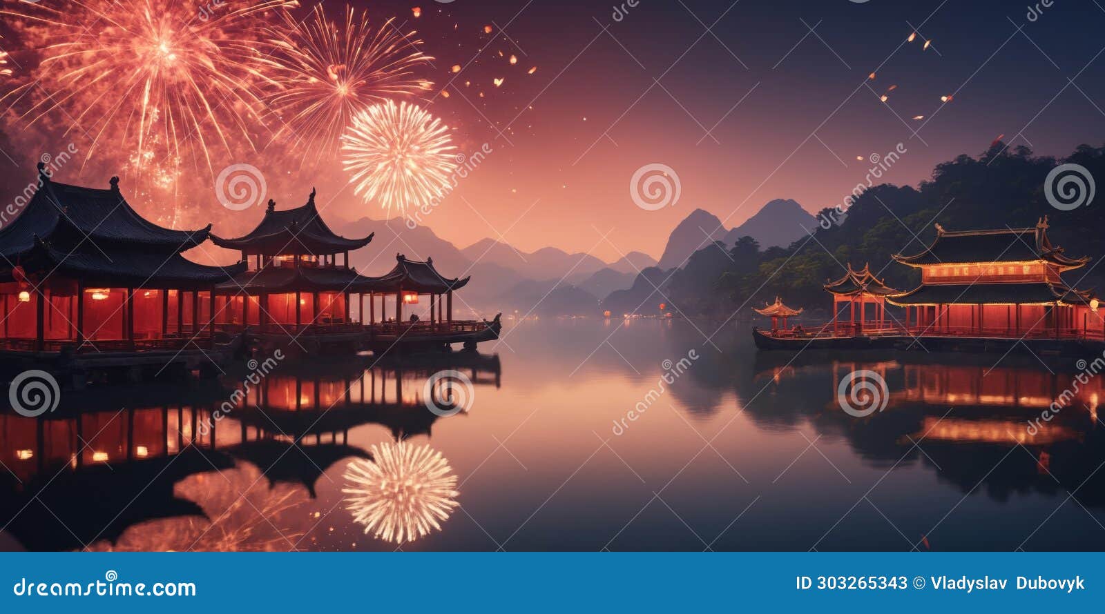 Cherry Blossom and Chinese Temple at Night with Moonlight. Stock ...