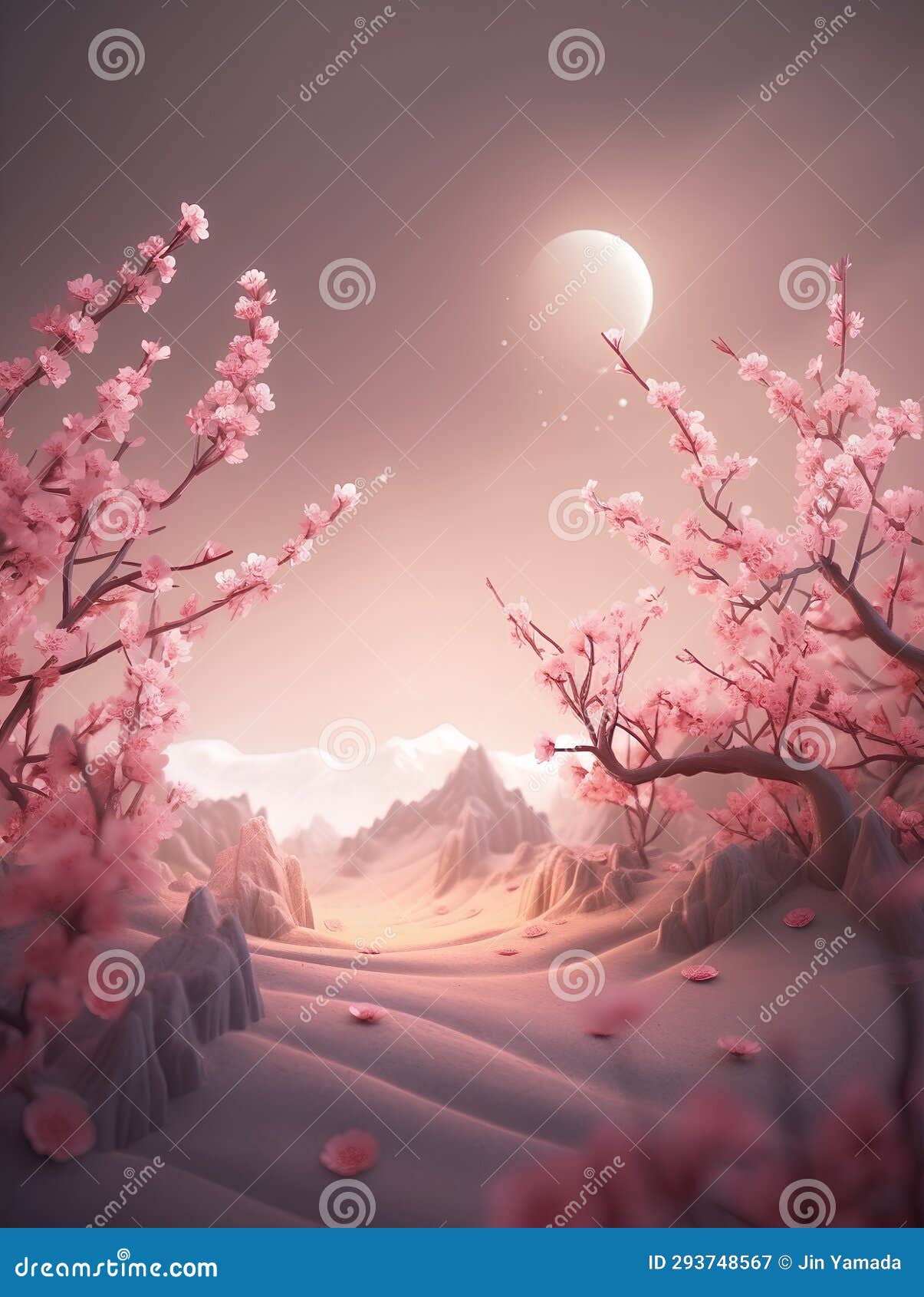 Cherry Blossom and Full Moon in Desert. 3D Rendering Stock Illustration ...