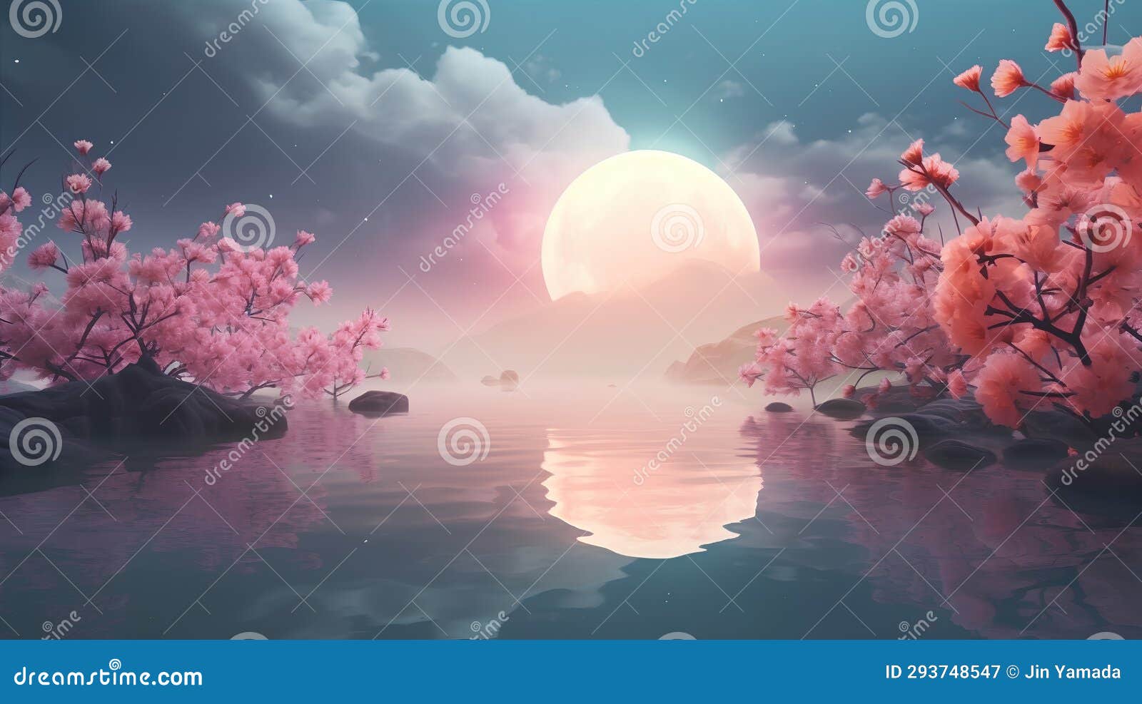 Cherry Blossom and Full Moon, Spring Landscape, 3d Render Stock ...