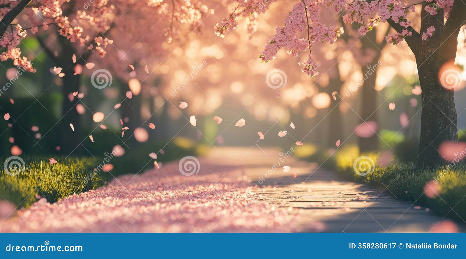 Cherry Blossom Pathway with Falling Petals in Serene Springtime Setting ...