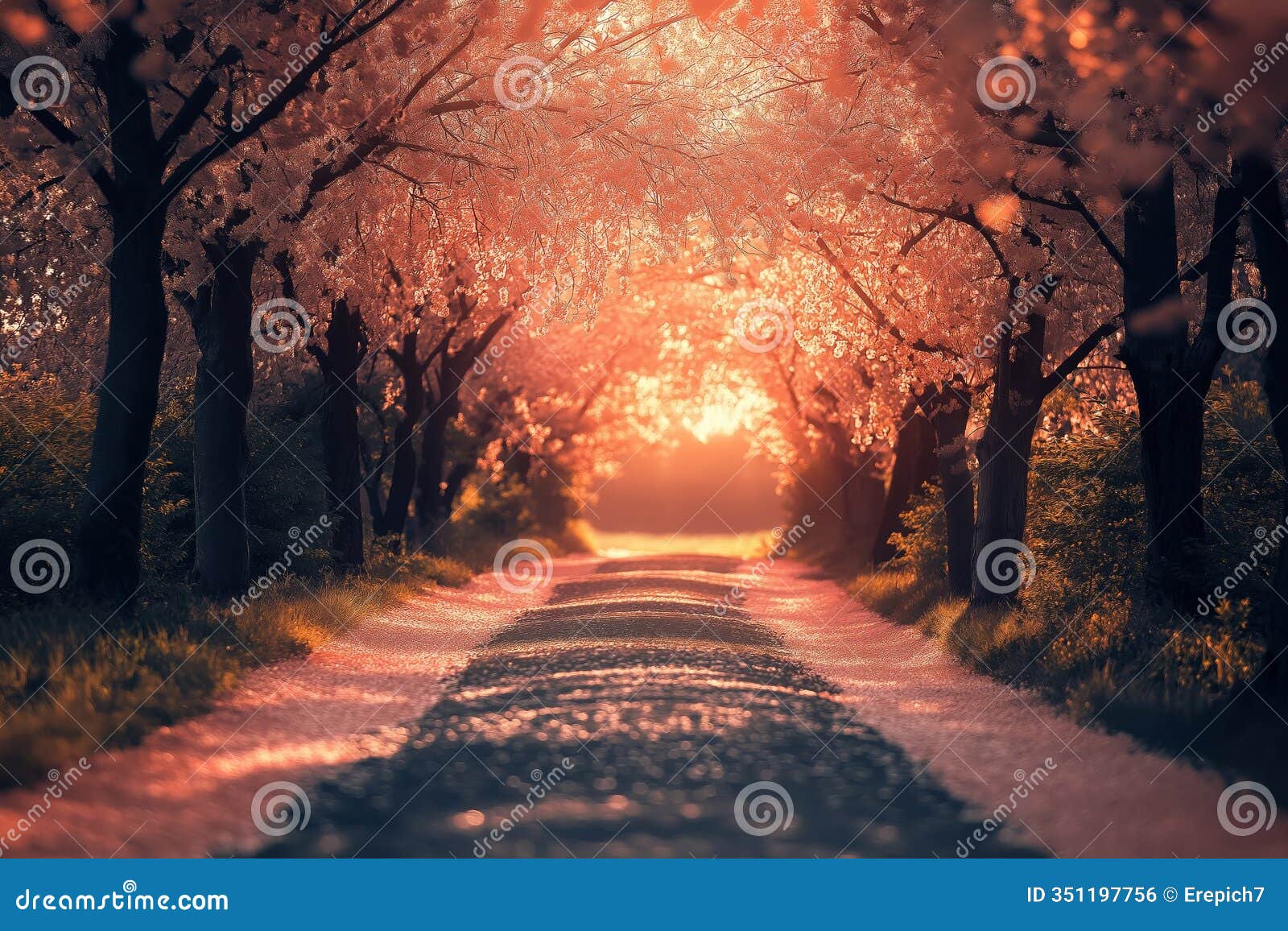Cherry Blossom Pathway at Sunset Creating a Serene Landscape Experience ...