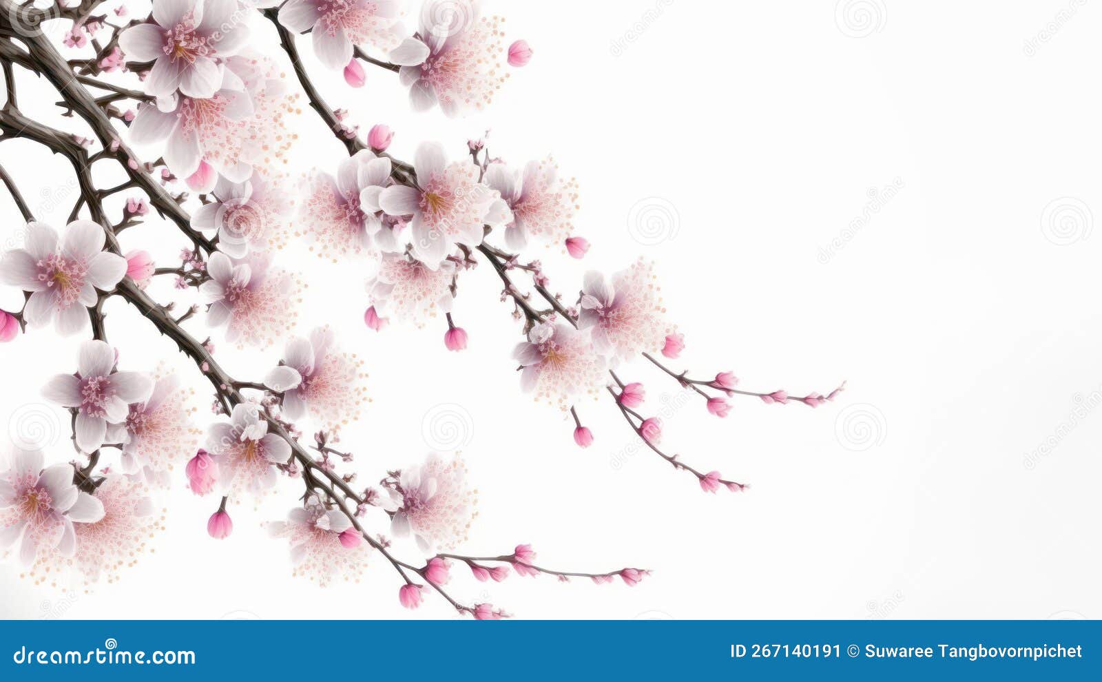 Cherry Blossom or Sakura Tree Branch on White Copy Space Background ...