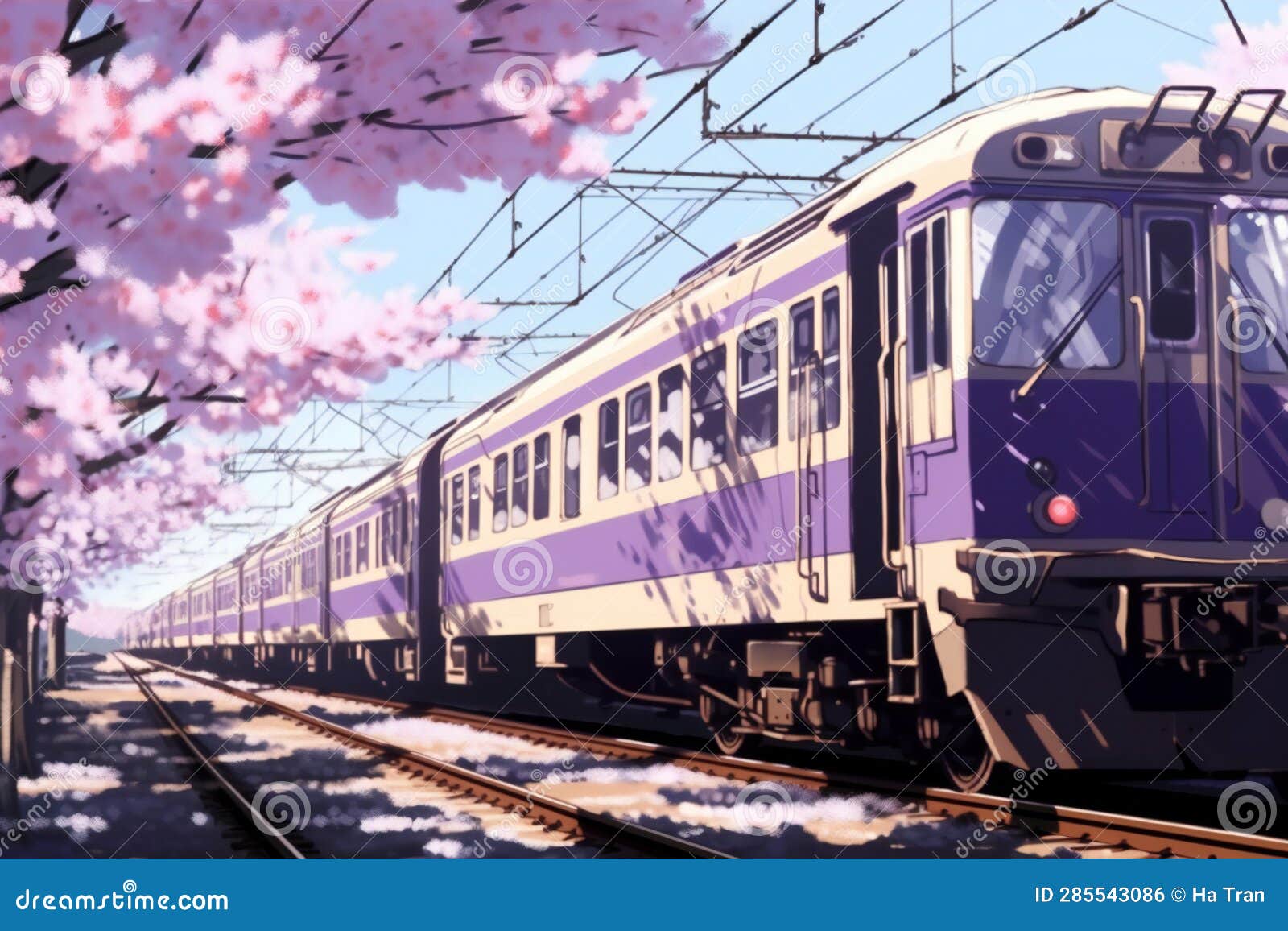 Cherry Blossom and Train in Springtime, Digital Illustration Stock ...