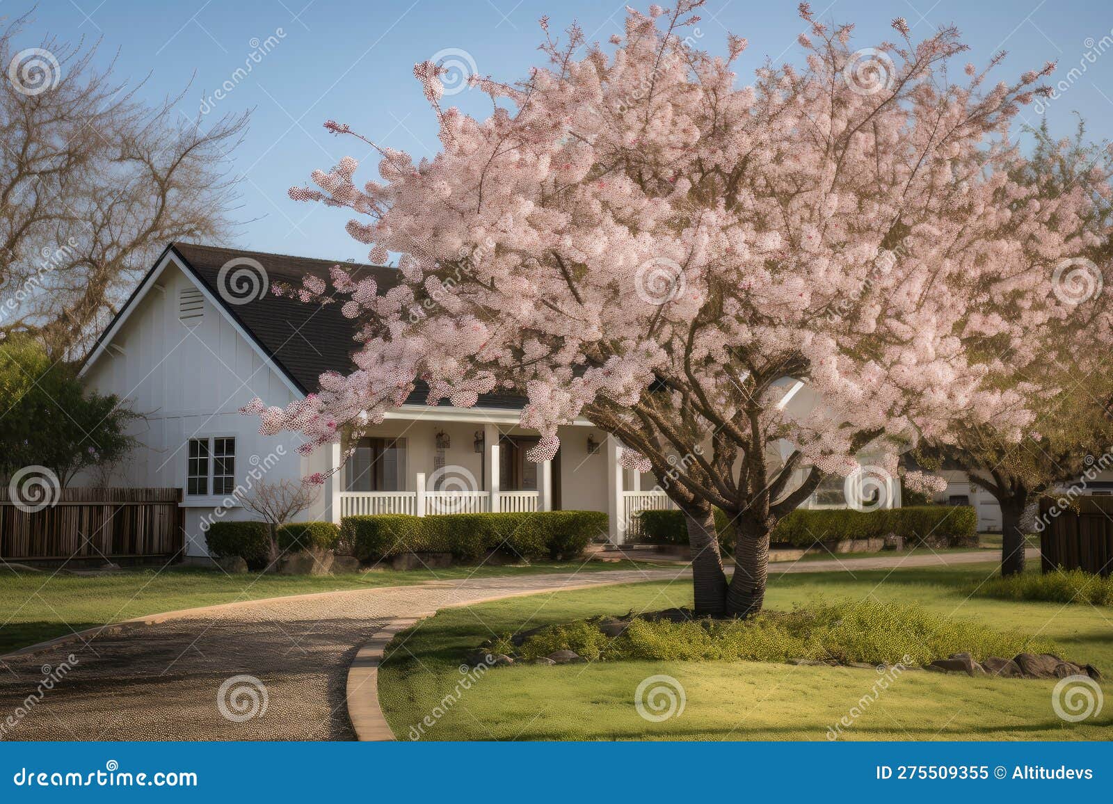 Cherry Blossom Tree Blooming in Front of Ranch House Exterior Stock ...