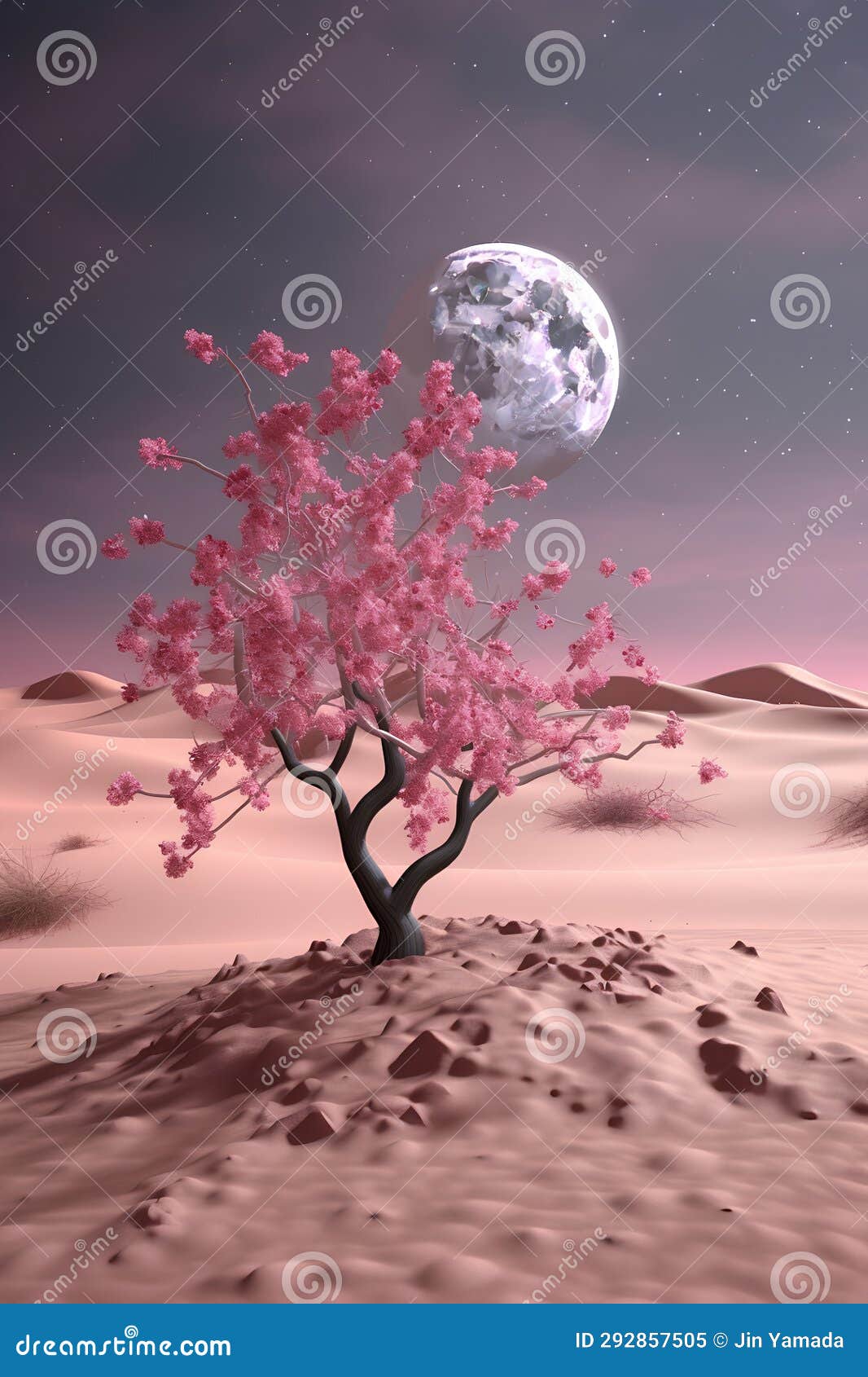 Cherry Blossom Tree in Desert with Full Moon. 3D Rendering Stock ...