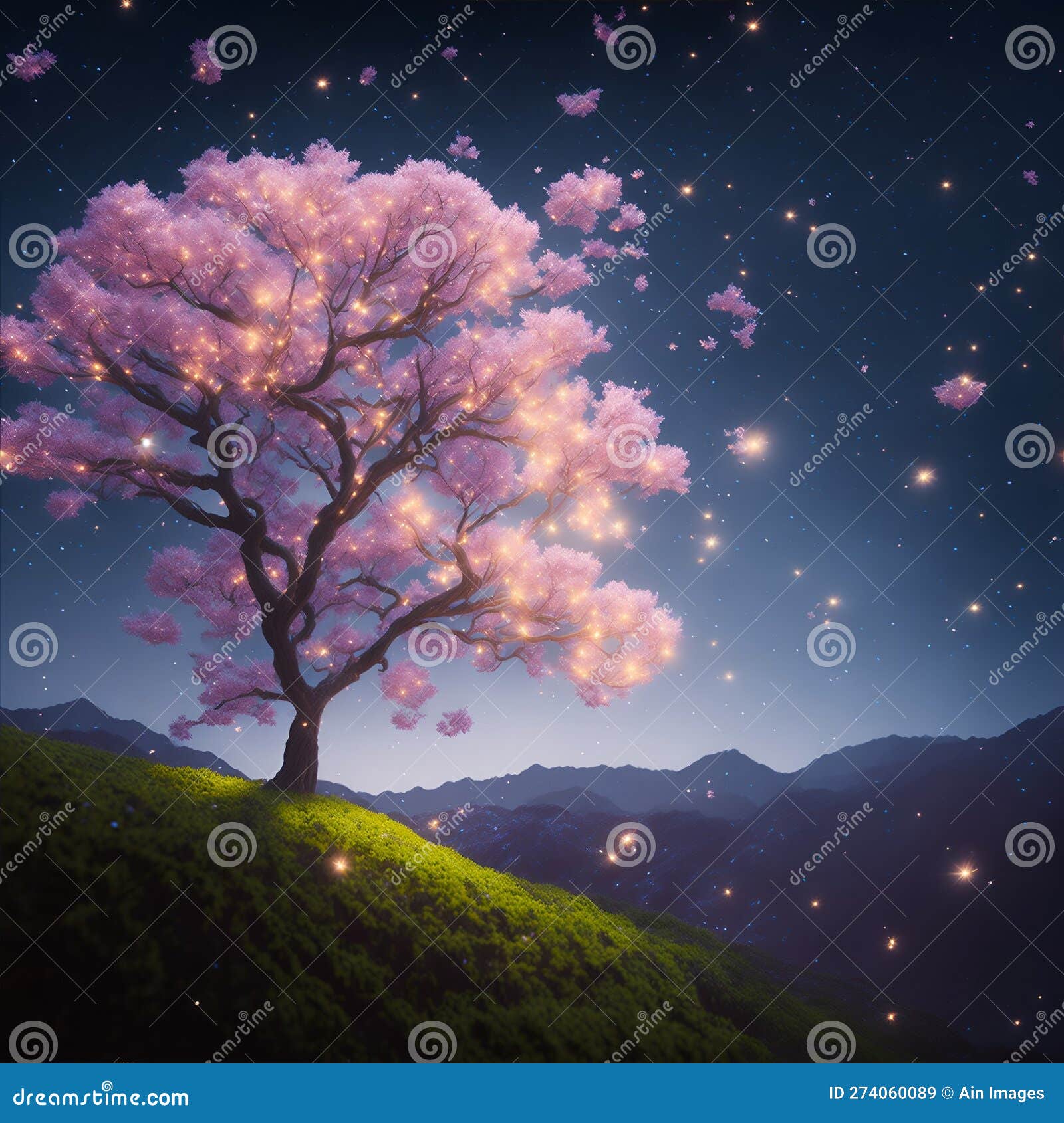 Cherry Blossom Tree in the Night Sky. Generated AI Stock Illustration ...